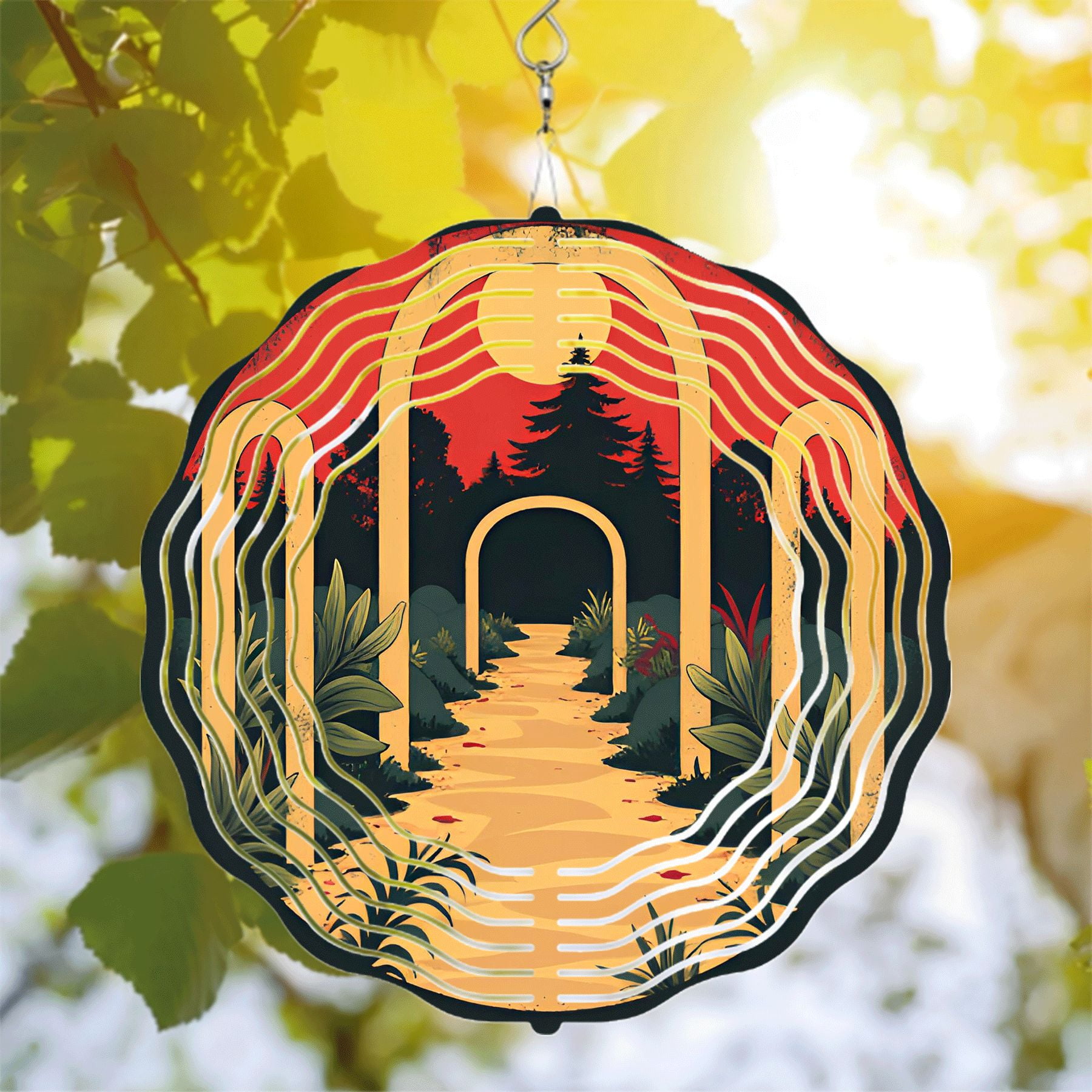 Stylized Circular Metal Wind Spinner with Forest Path Design - Vibrant ...