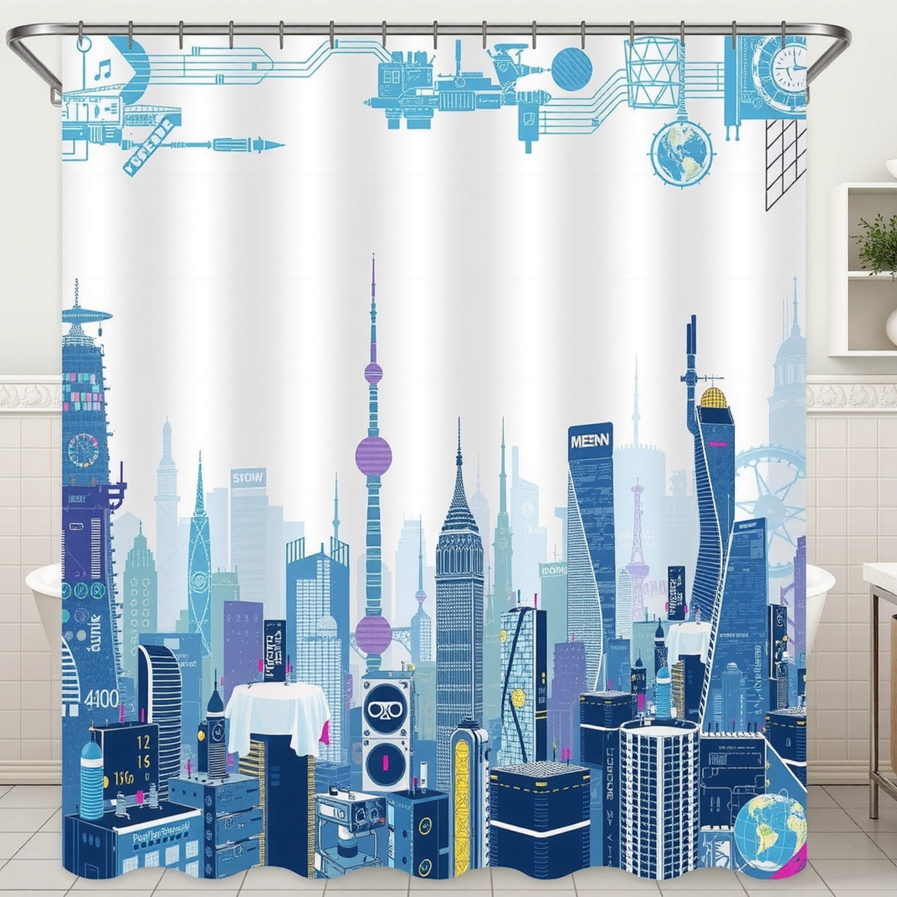 Stylized City Shower Curtain with Purple Spire & Clock Tower - Modern ...