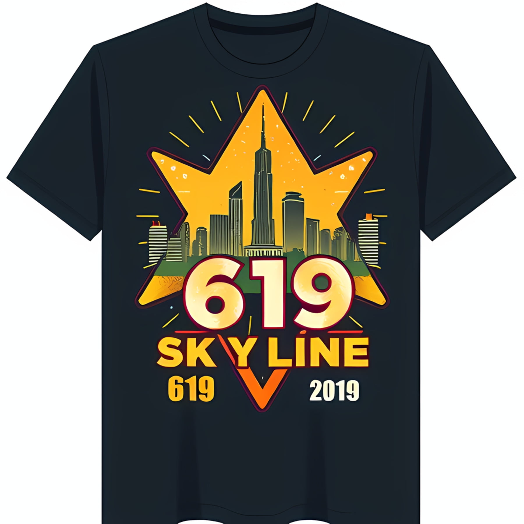 Stylized City T-Shirt with Yellow Star and 619 Design Black Tee ...
