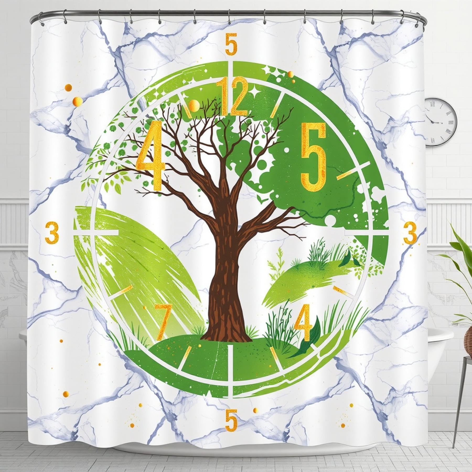 Stylized Clock Face Shower Curtain with Vibrant Green Landscape ...