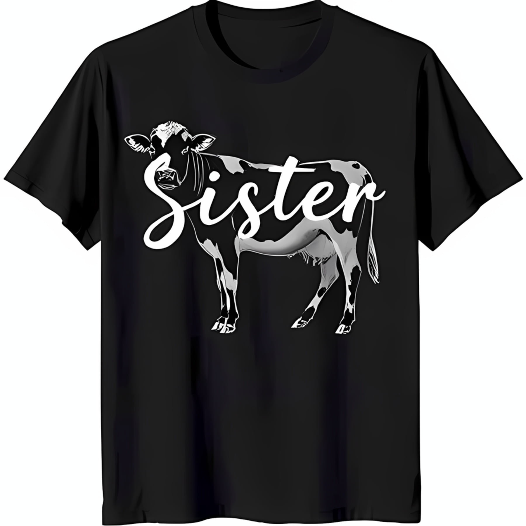 Stylized Cow Graphic Black T-Shirt with Sister in Bold Cursive Font ...