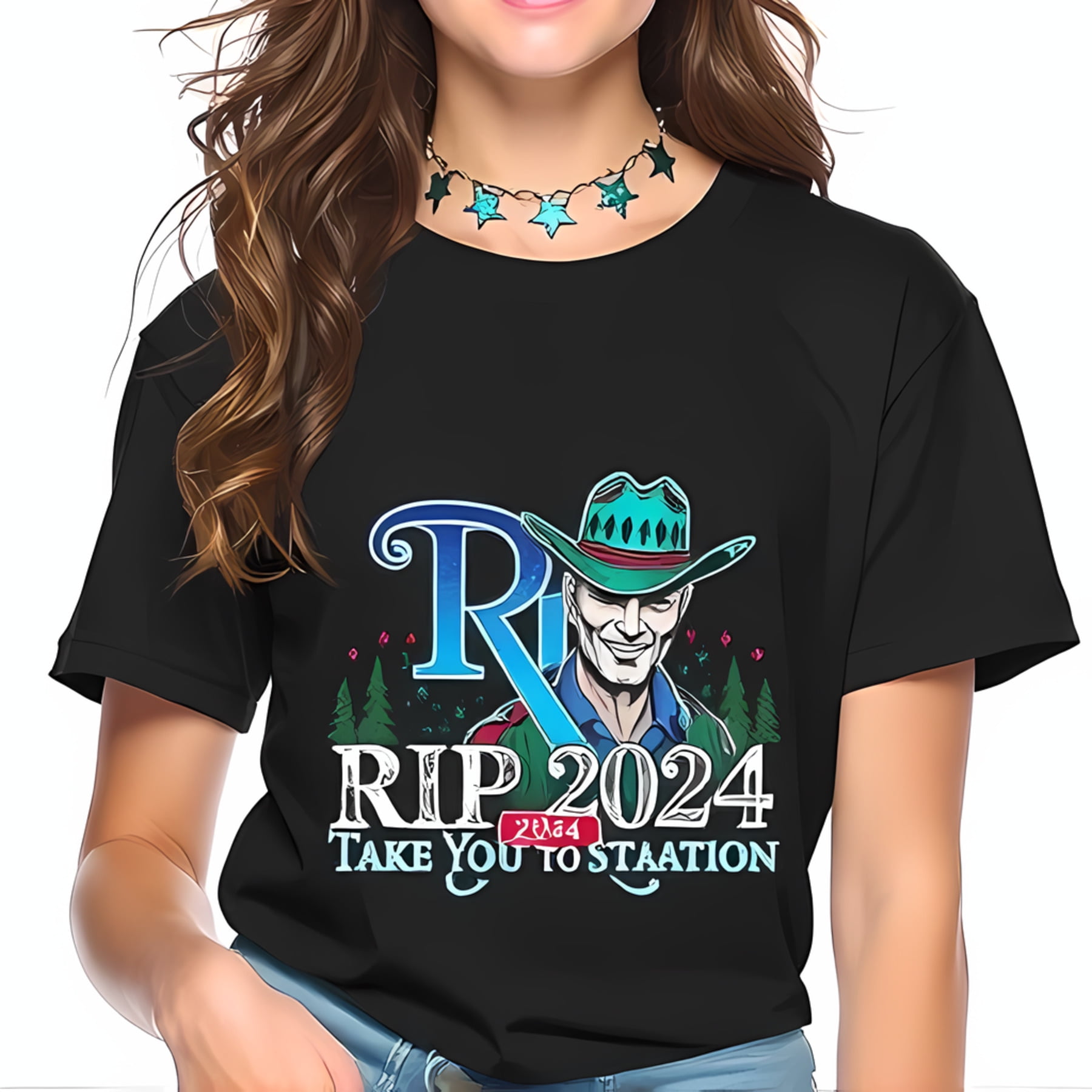 Stylized Cowboy Graphic Tee - RIP 2024 Take You to Staation Vintage Design Black Cotton Short ...