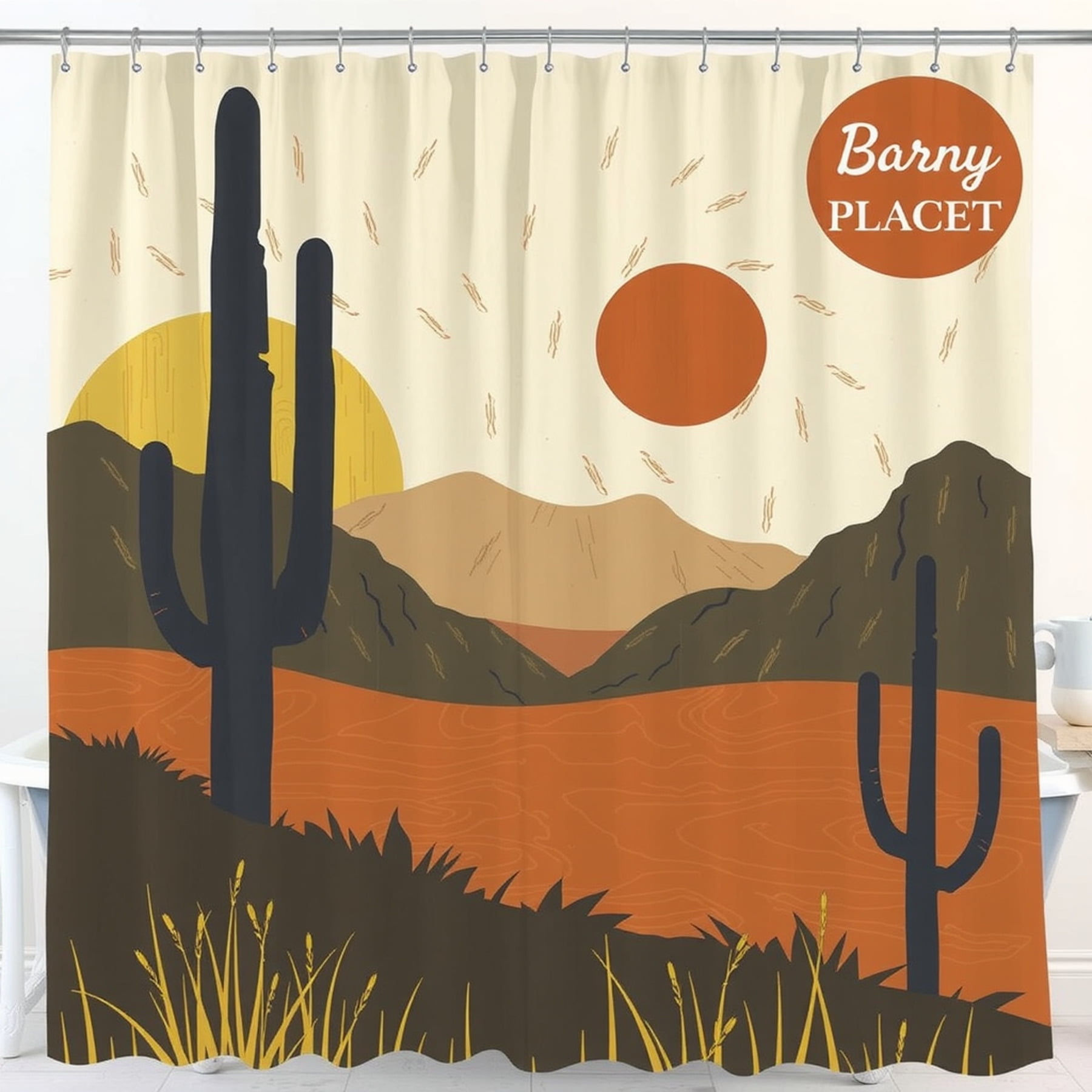 Stylized Desert Landscape Shower Curtain with Saguaro Cacti & Pattern ...