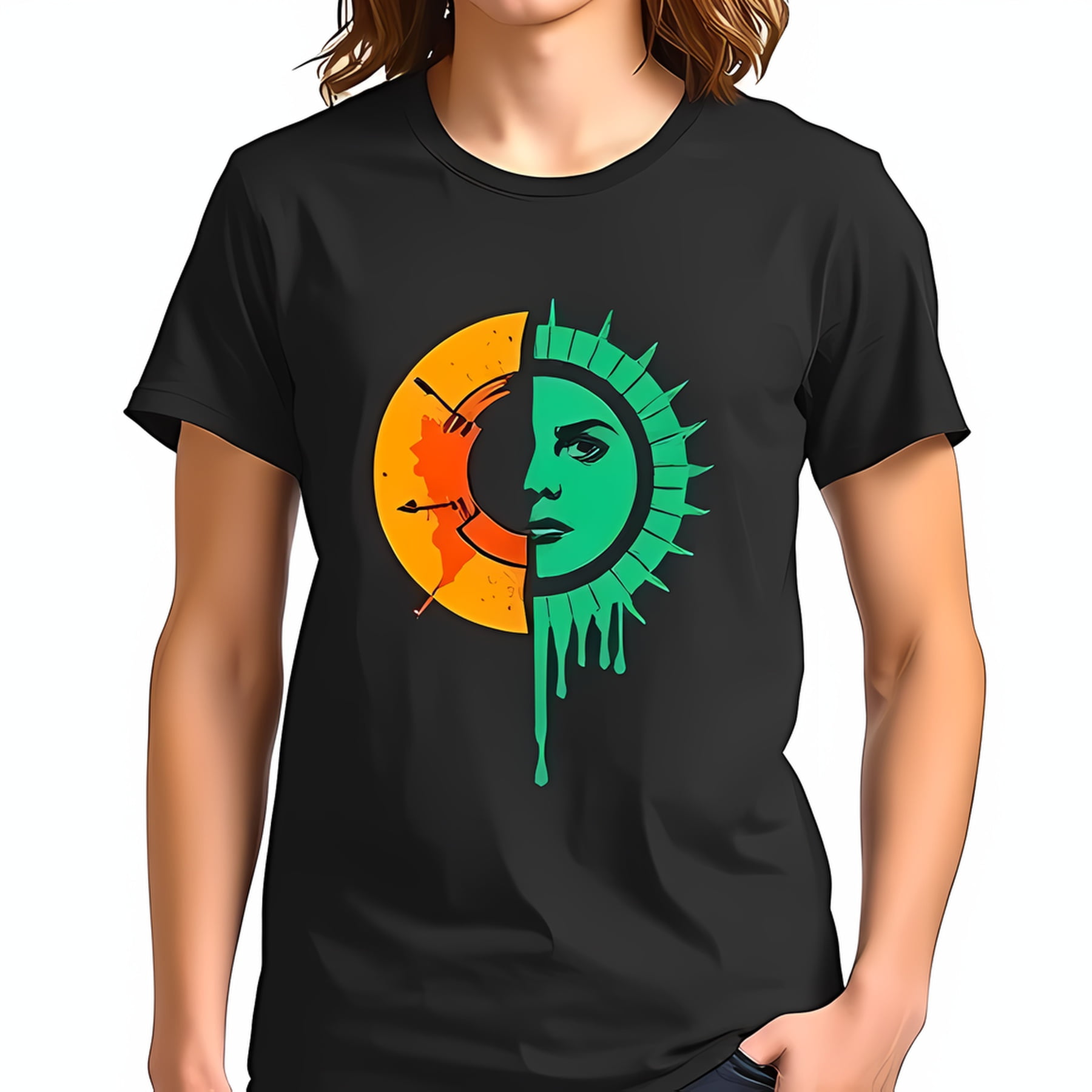 Stylized Duality Face Graphic T-Shirt for Women - Orange & Green Design ...