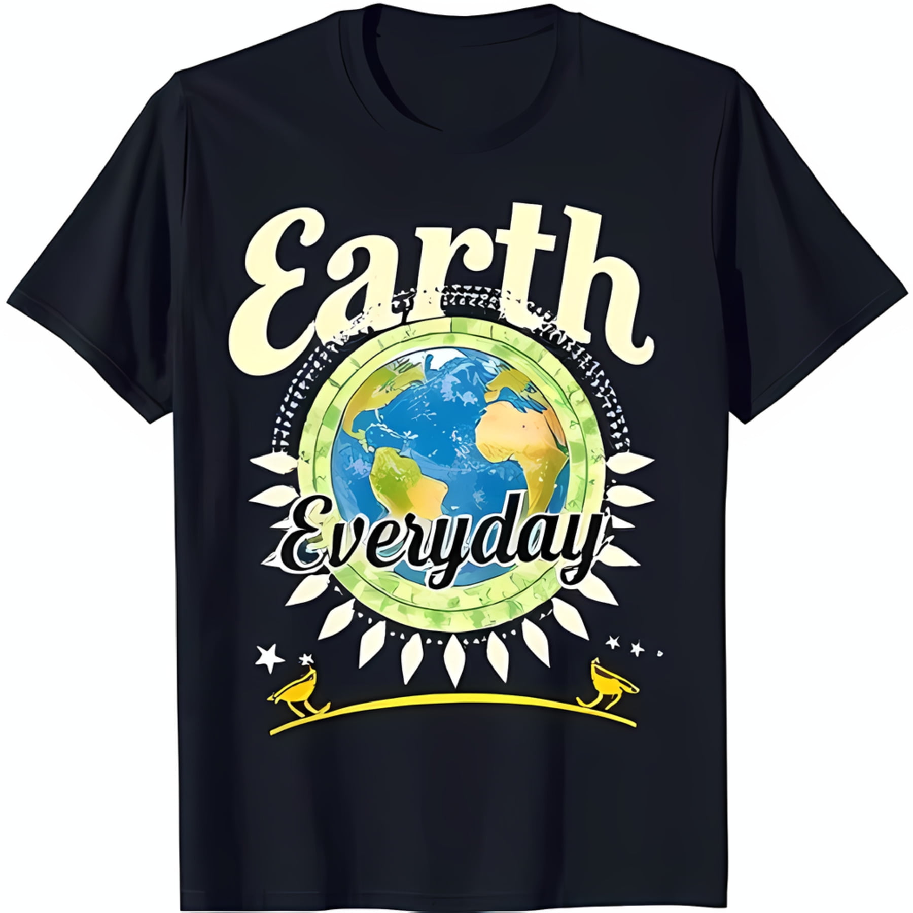 Stylized Earth Graphic Black T-Shirt with Sun and Birds 'Earth Everyday ...