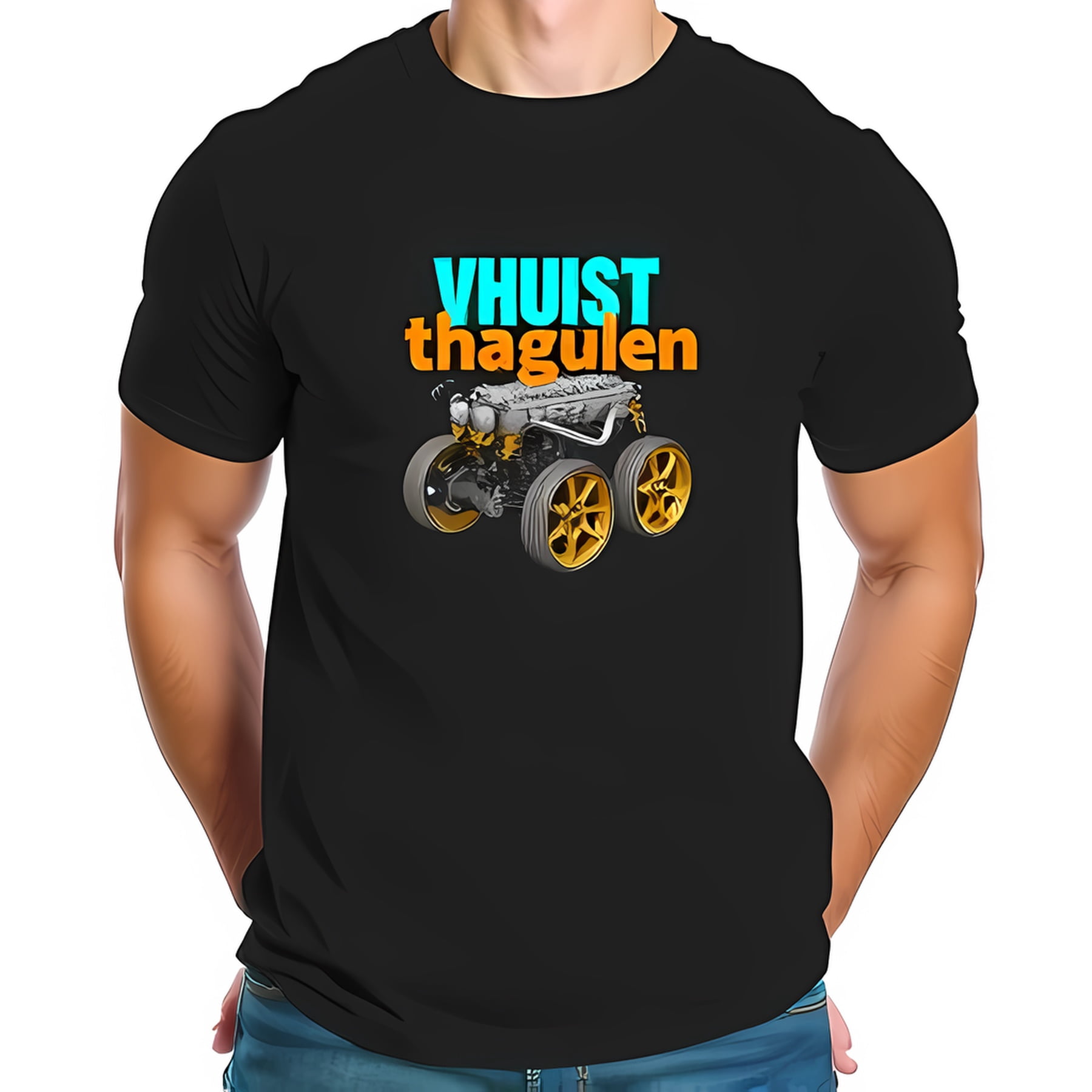 Stylized Engine Graphic T-Shirt with Gold - "VHUIST thagulen" - Casual ...