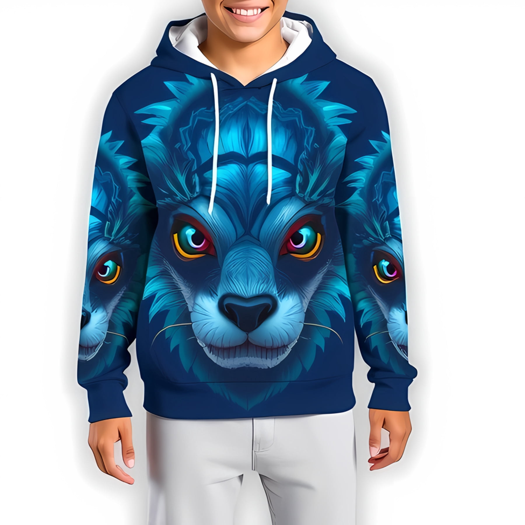 Stylized Face 3D Hoodie in Blue & Teal - Eye-Catching Urban Fantasy ...