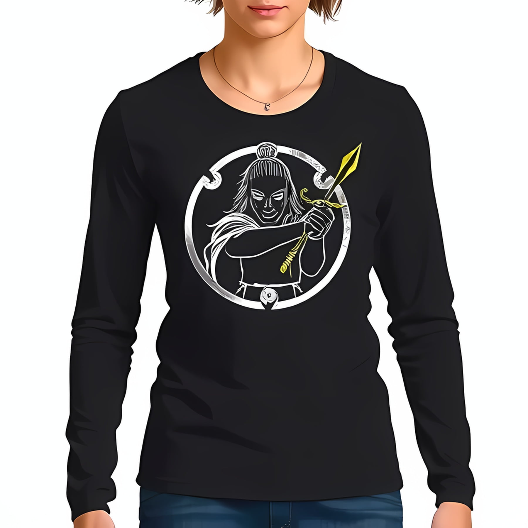 Stylized Fantasy Long Sleeve T-Shirt with Graphic - Black & White ...