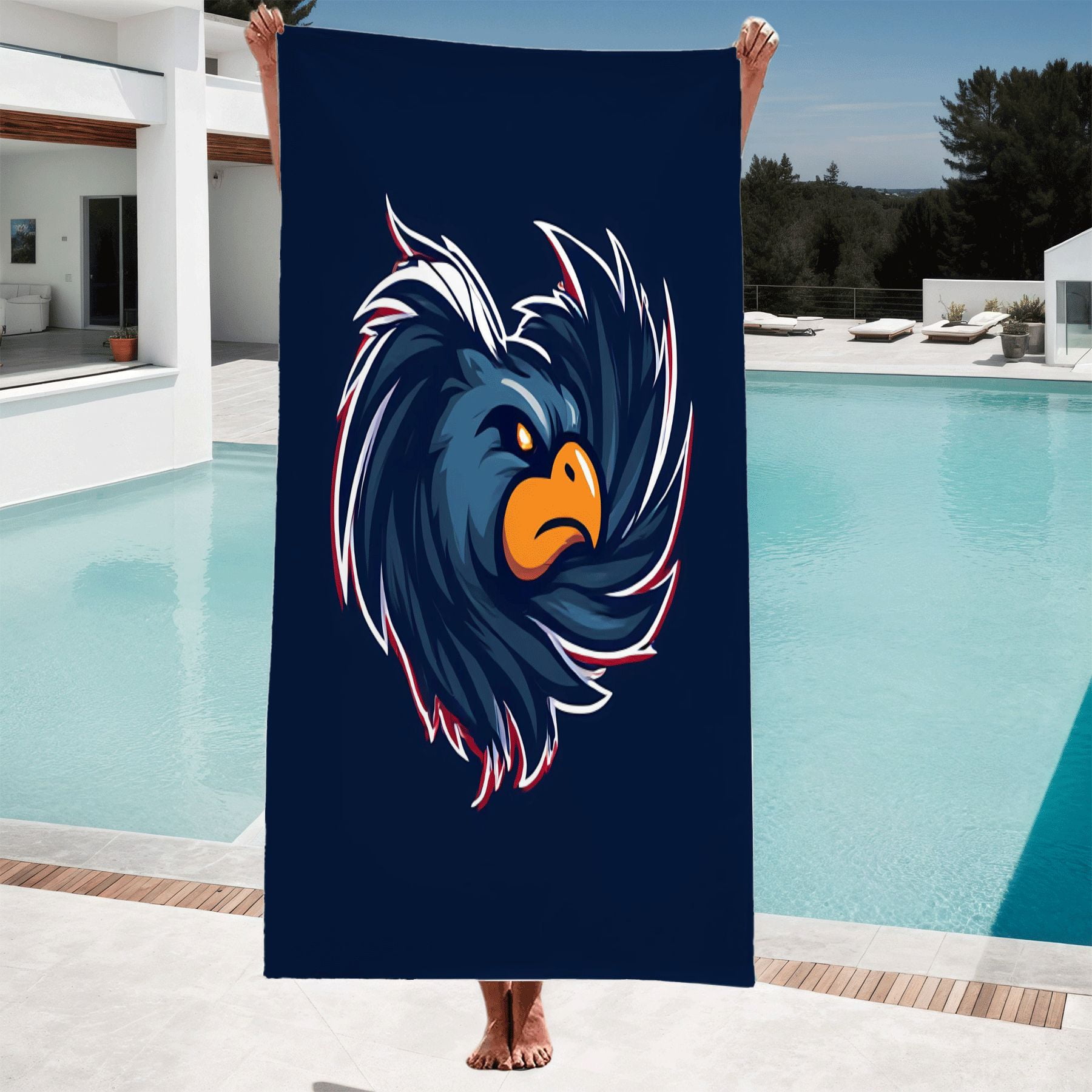 Stylized Fierce Bird Beach Towel - Dynamic Feathers Orange Yellow Eyes ...