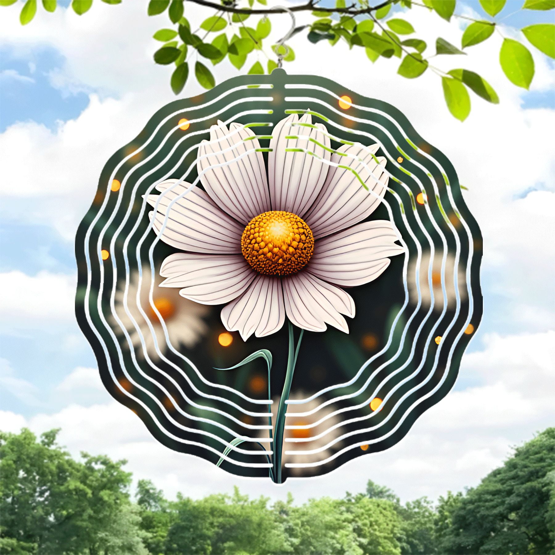 Stylized Flower Metal Hanging Wind Spinner - White Petals & Bright ...