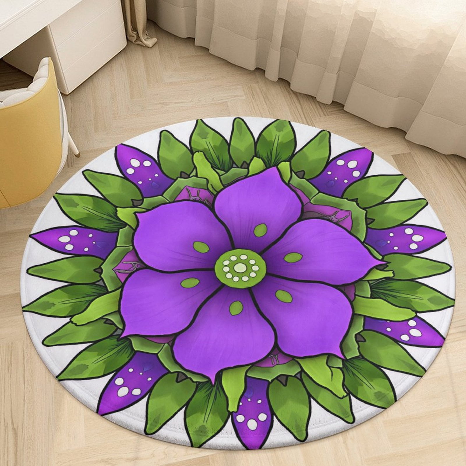 A Stylized Flower with Vibrant Purple Petals And Green Leaves_01 Round ...