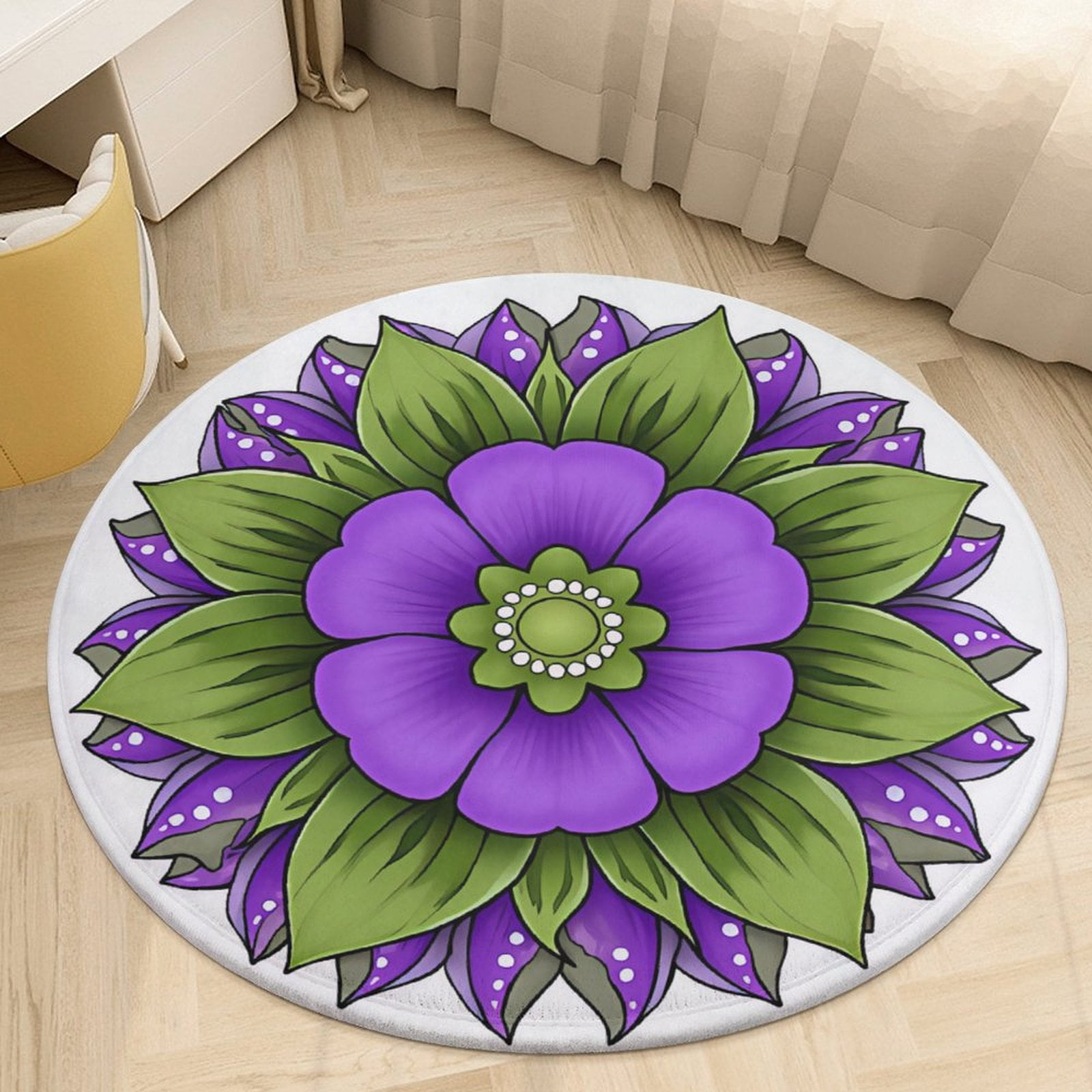 A Stylized Flower with Vibrant Purple Petals And Green Leaves, Set ...