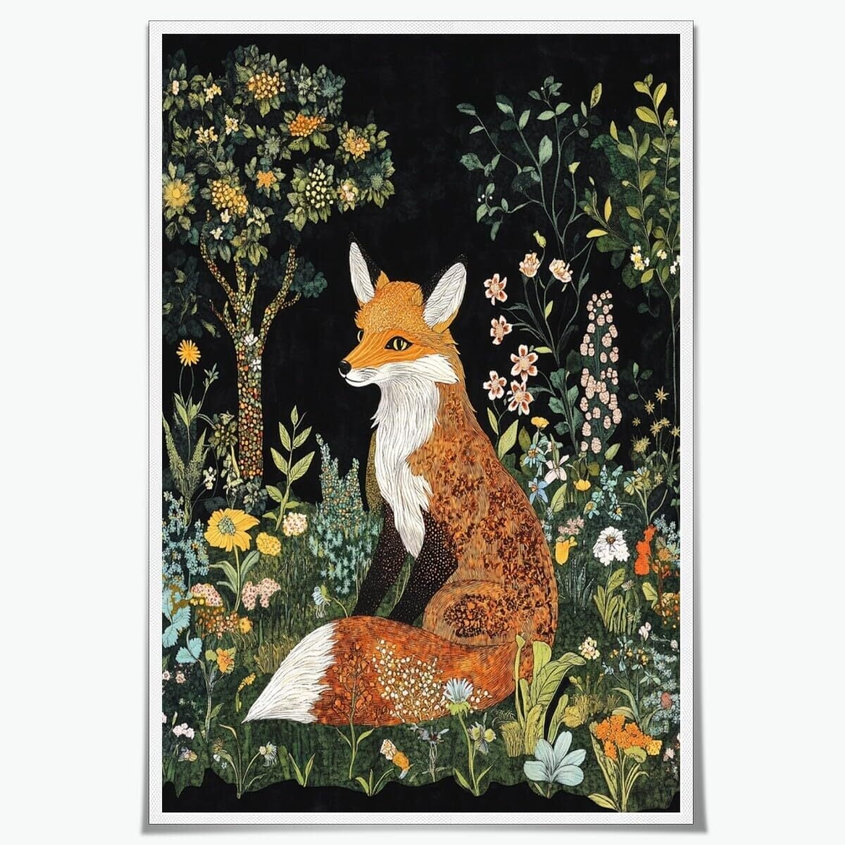 Stylized Fox and Flowers Illustration Poster Intricate Line Art Warm ...