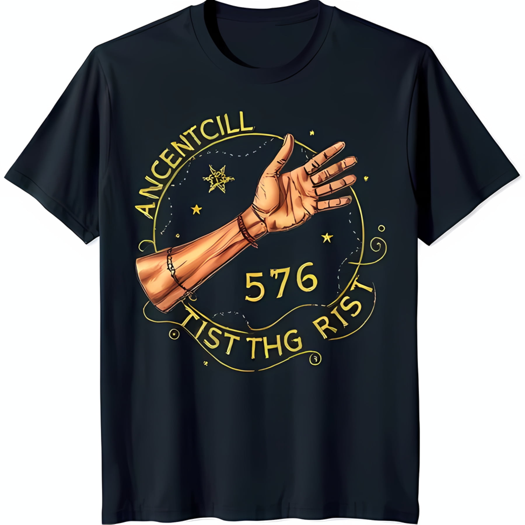 Stylized Gold Arm & Hand Design Black T-Shirt with Star & '576' Graphic ...