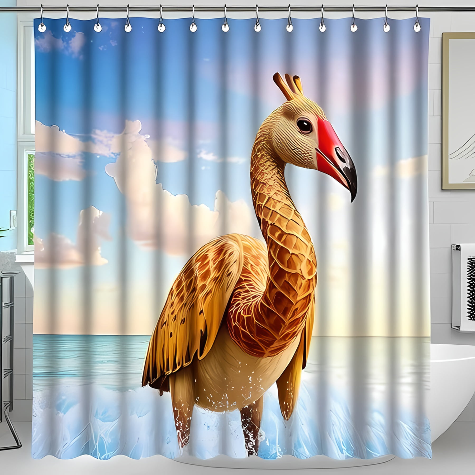 Stylized Golden-Brown Wading Bird Shower Curtain - Tropical Coastal ...