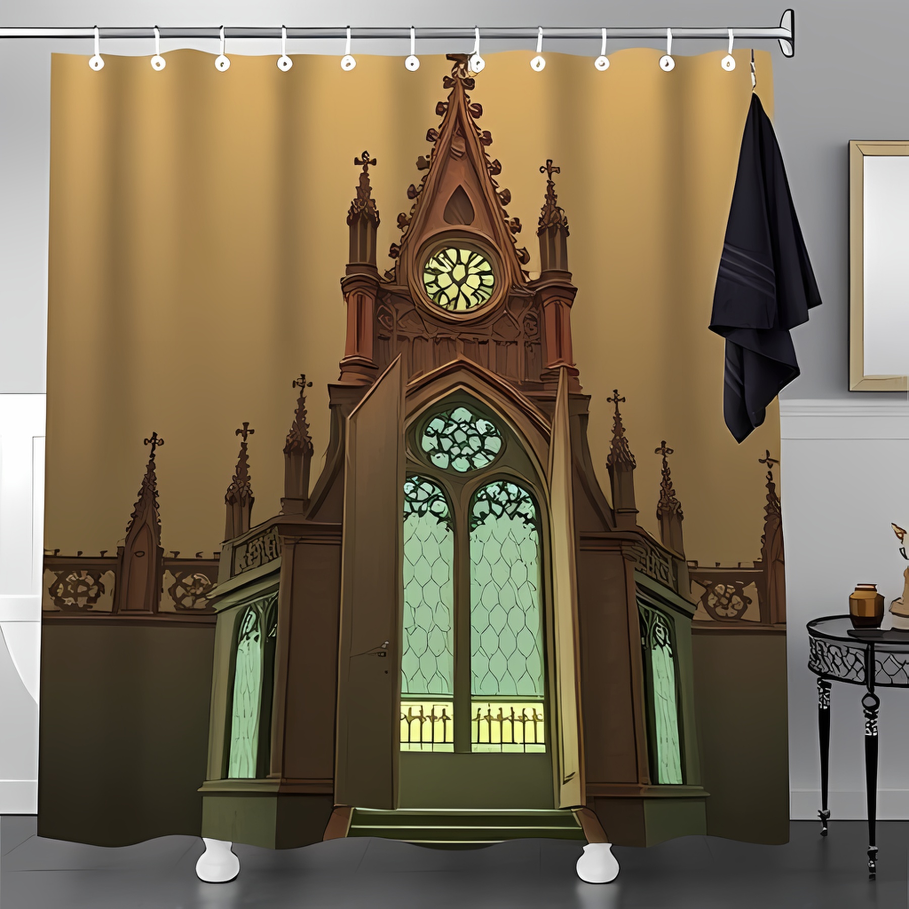 Stylized Gothic Shower Curtain - Earth Tones with Stained Glass Detail ...