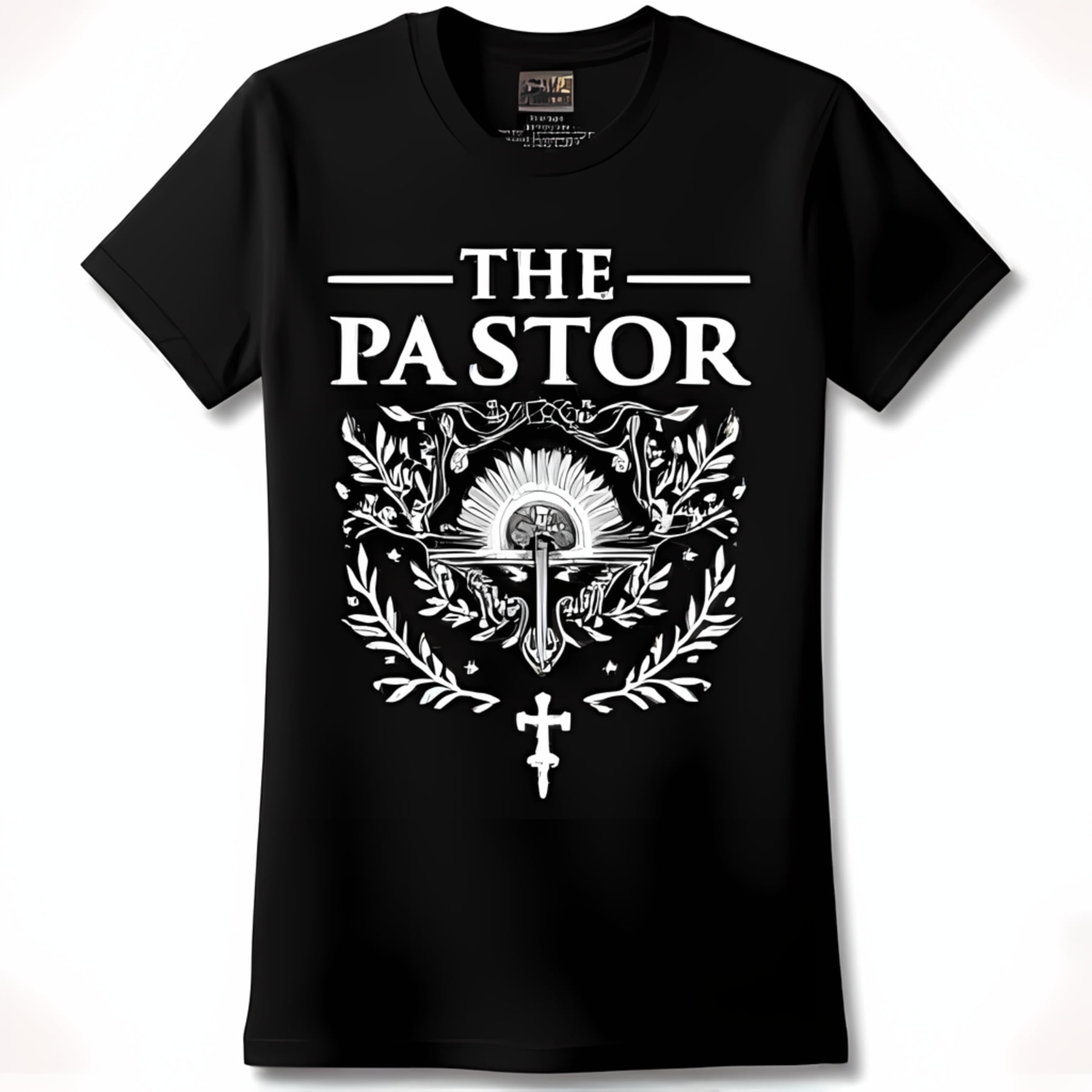 Stylized & Graphic Black T-Shirt The Pastor Design with & Wreath ...