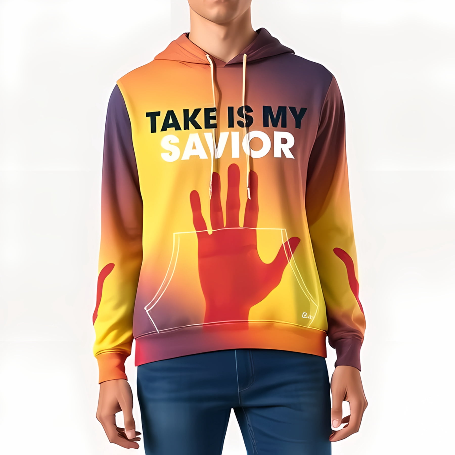 Stylized Handprint 3D Hoodie with "TAKE IS MY SAVIOR" - Yellow to ...