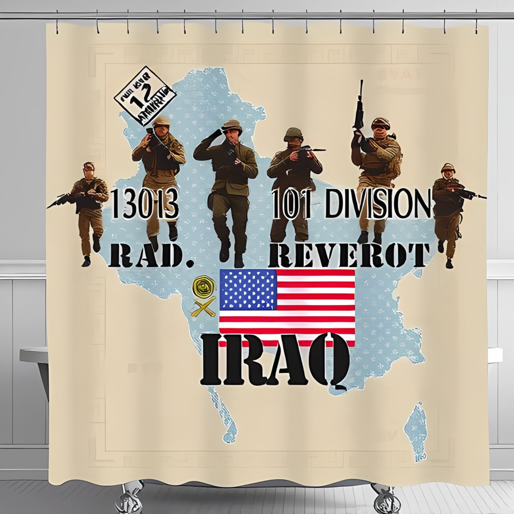 Stylized Iraq Map Shower Curtain with Soldiers Grecian Key Border Theme ...