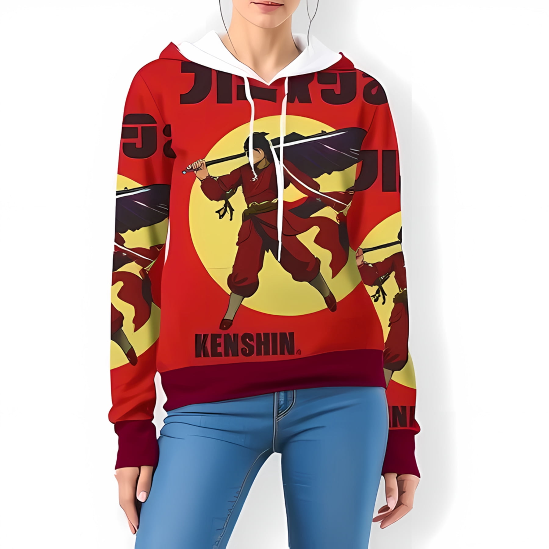 Stylized Kenshin 3D Full-Print Hoodie Red & Yellow Action Design White ...