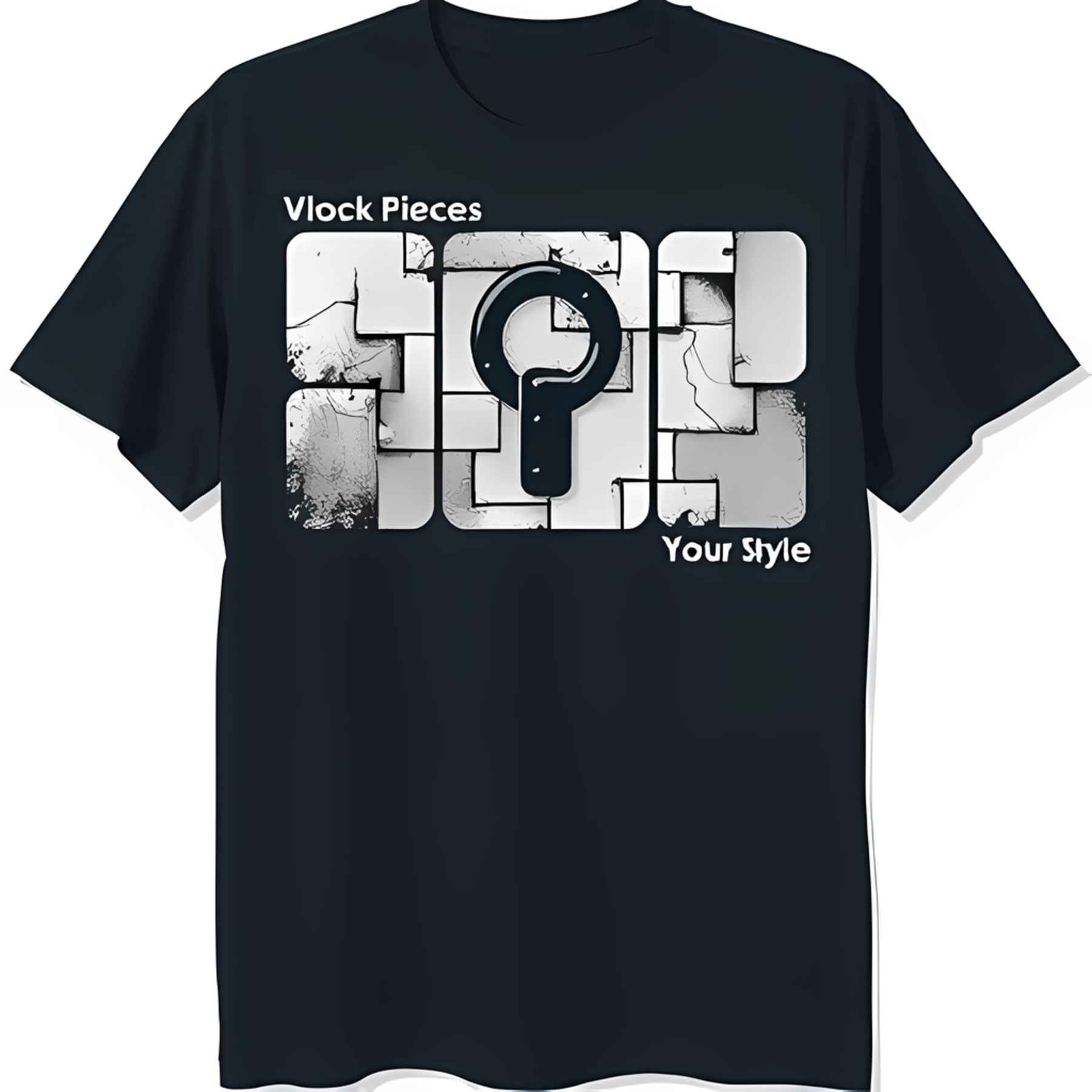 Stylized Keyhole Graphic Black T-Shirt with Fragmented Block Design ...