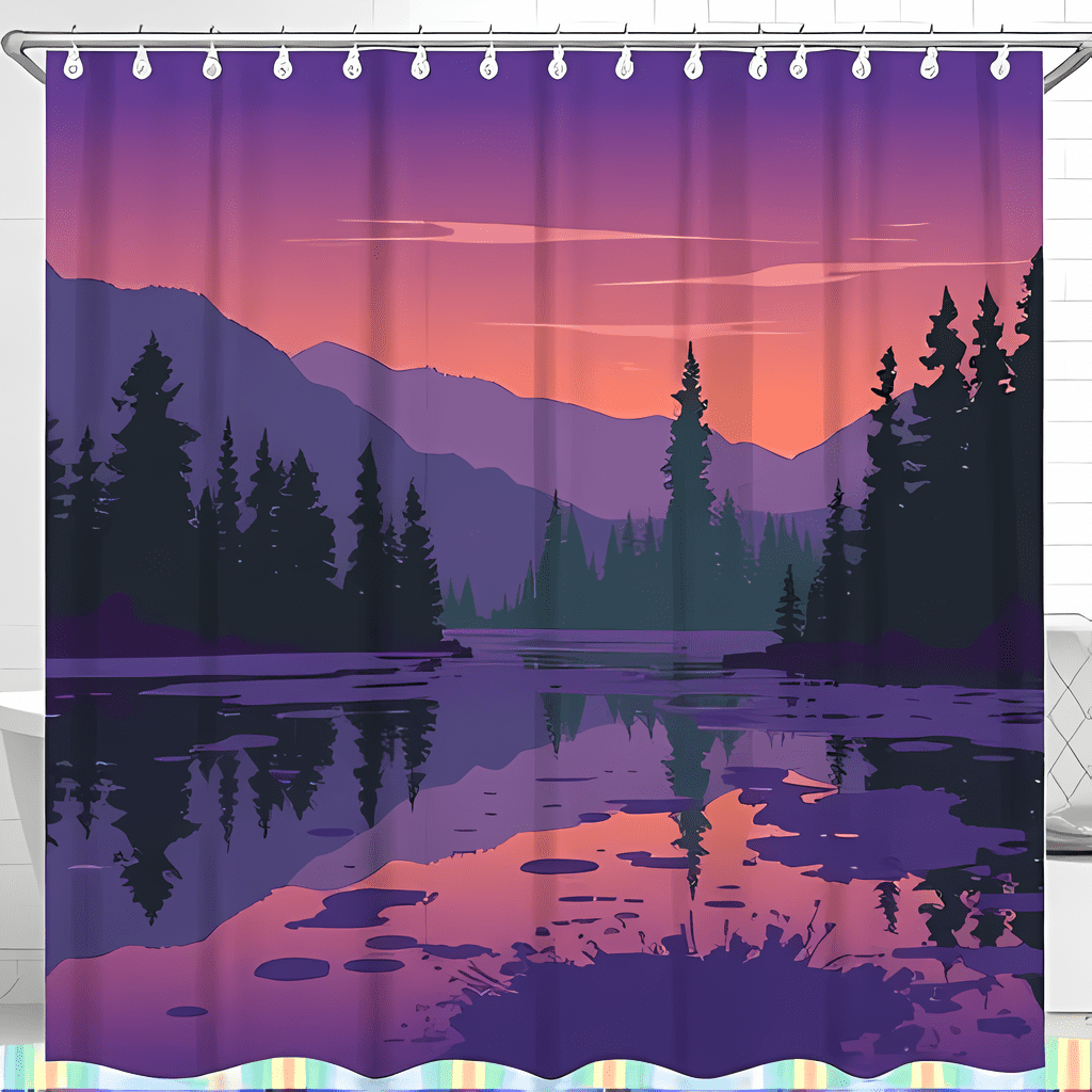 Stylized Landscape Shower Curtain with Trees and Sunset Sky - Tranquil ...
