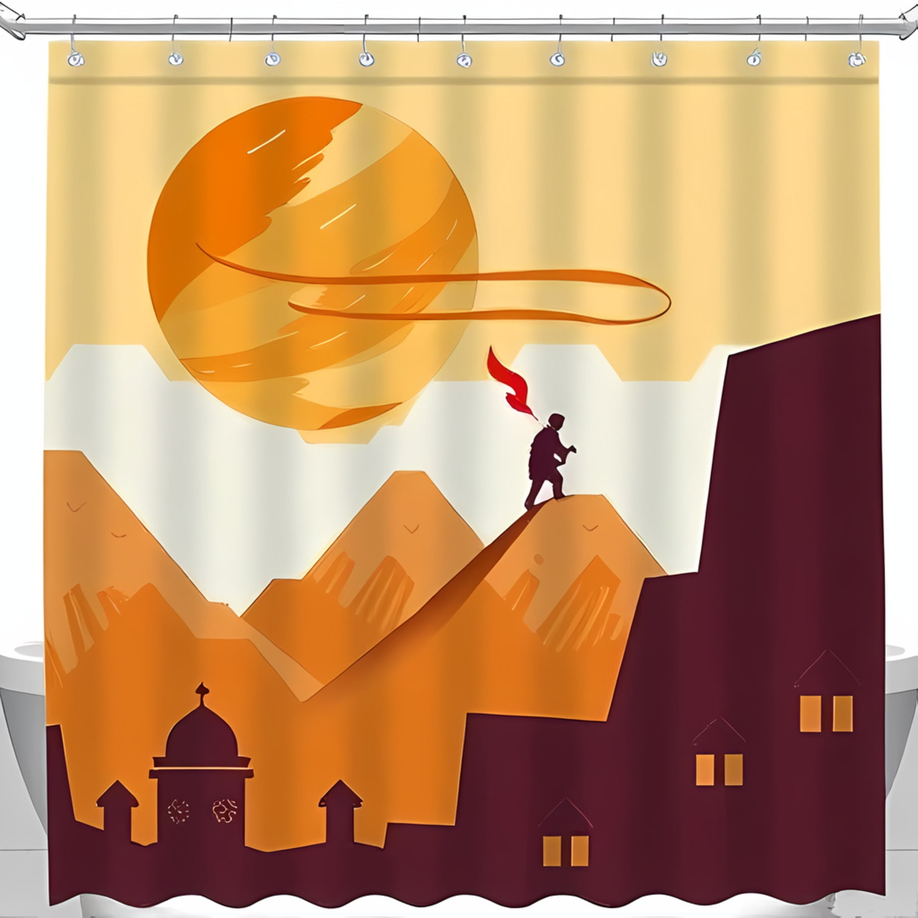 Stylized Landscape Shower Curtain with Vibrant Orange Sun Black Figure and Ochre Hills ...