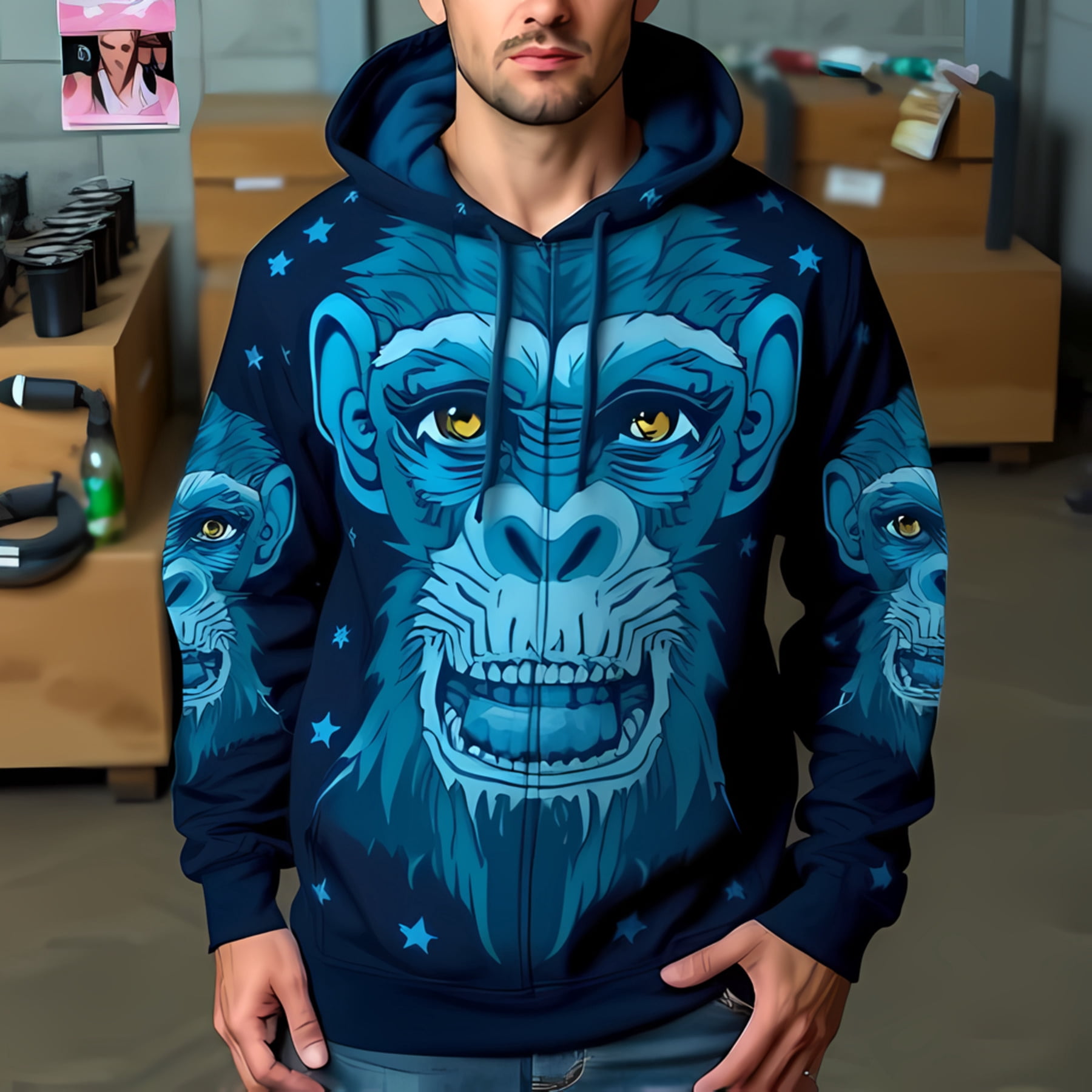 Stylized Light Blue Ape Face 3D Hoodie for Men Blue with Star Patterns ...