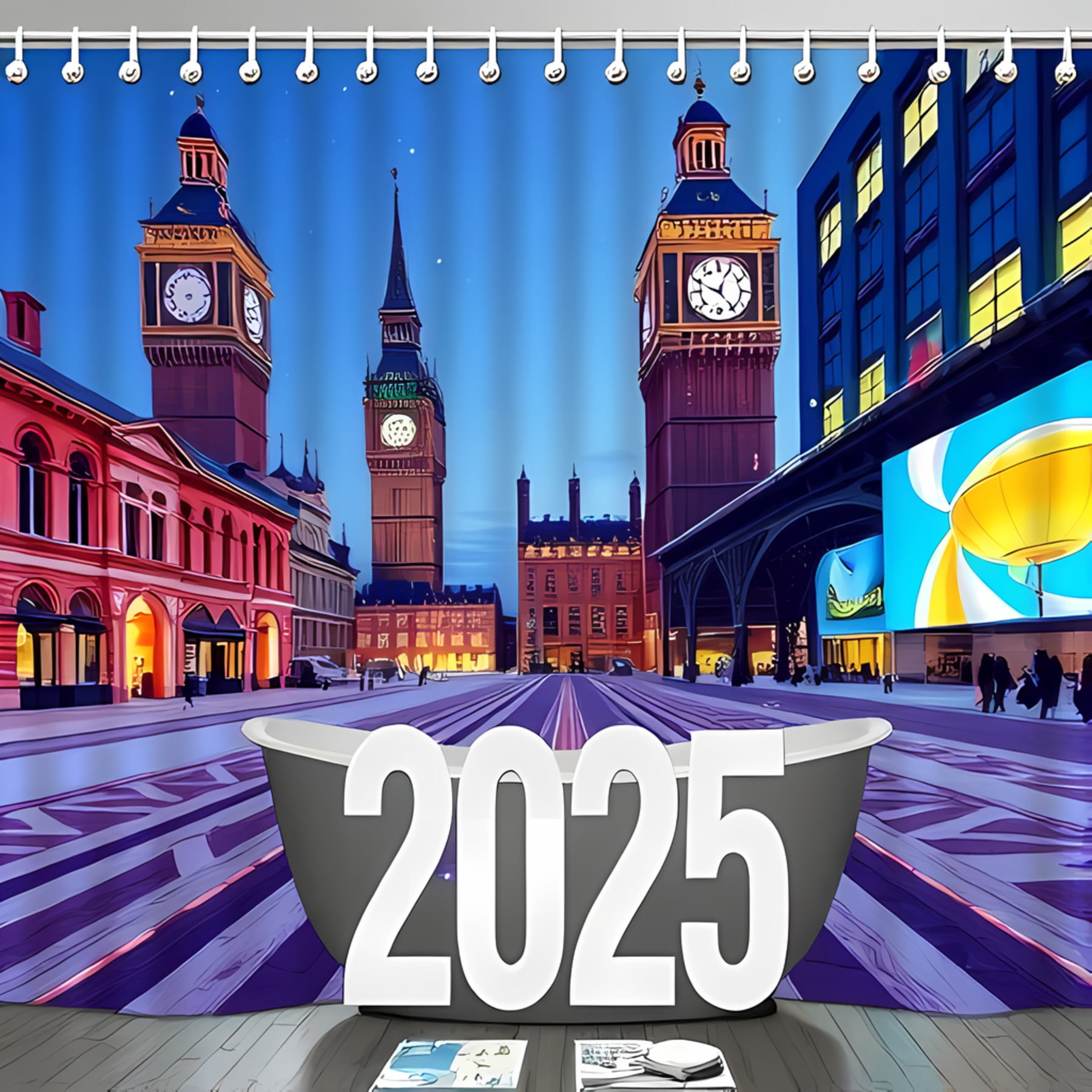 Stylized London Night Shower Curtain with Iconic Clock Towers ...