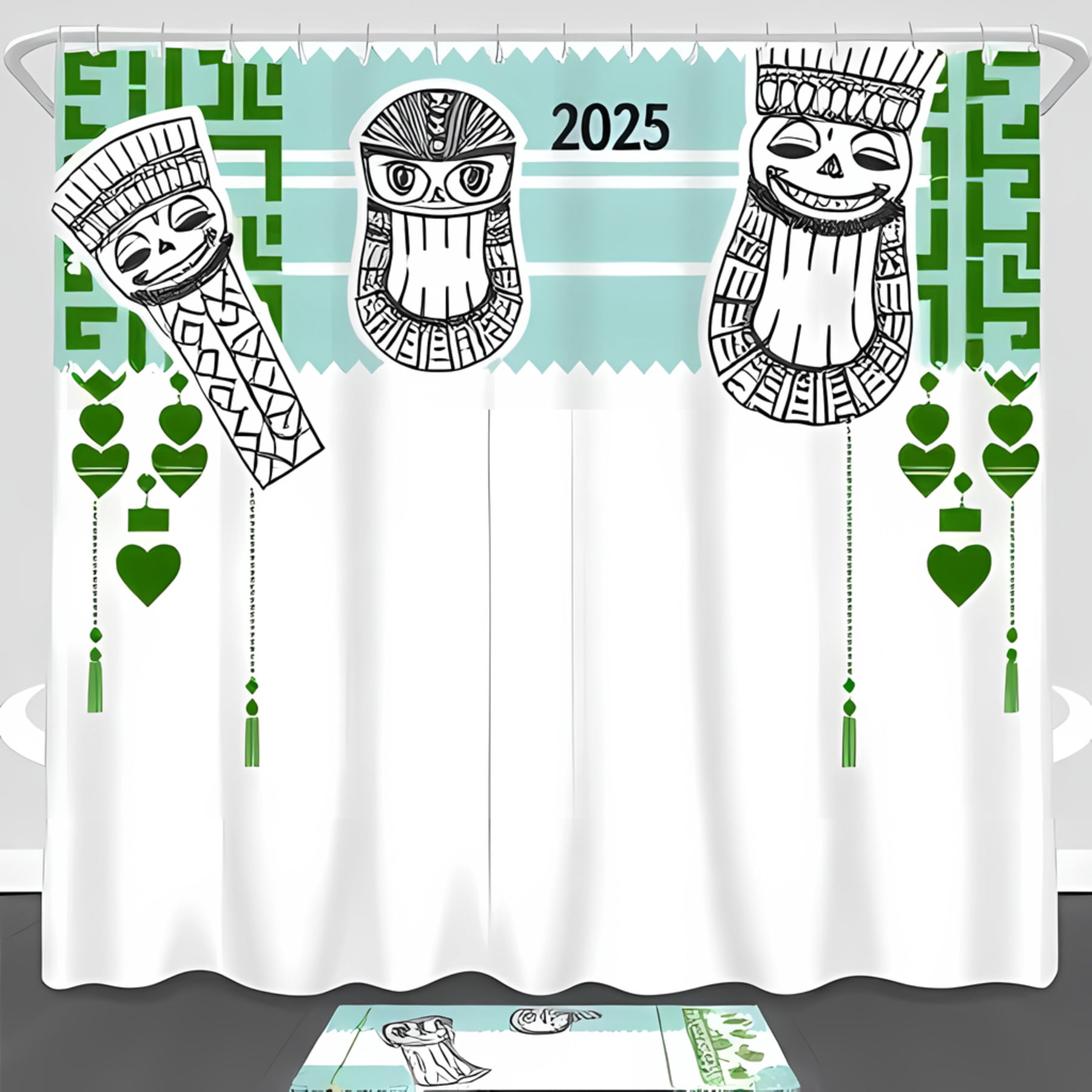 Stylized Mask Faces Shower Curtain Black & White on Teal Stripes with ...