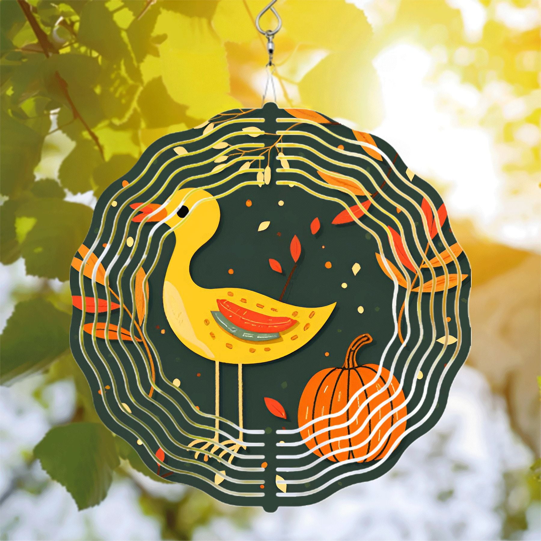 Stylized Metal Hanging Wind Spinner with Autumn Leaves & Pumpkin Design ...