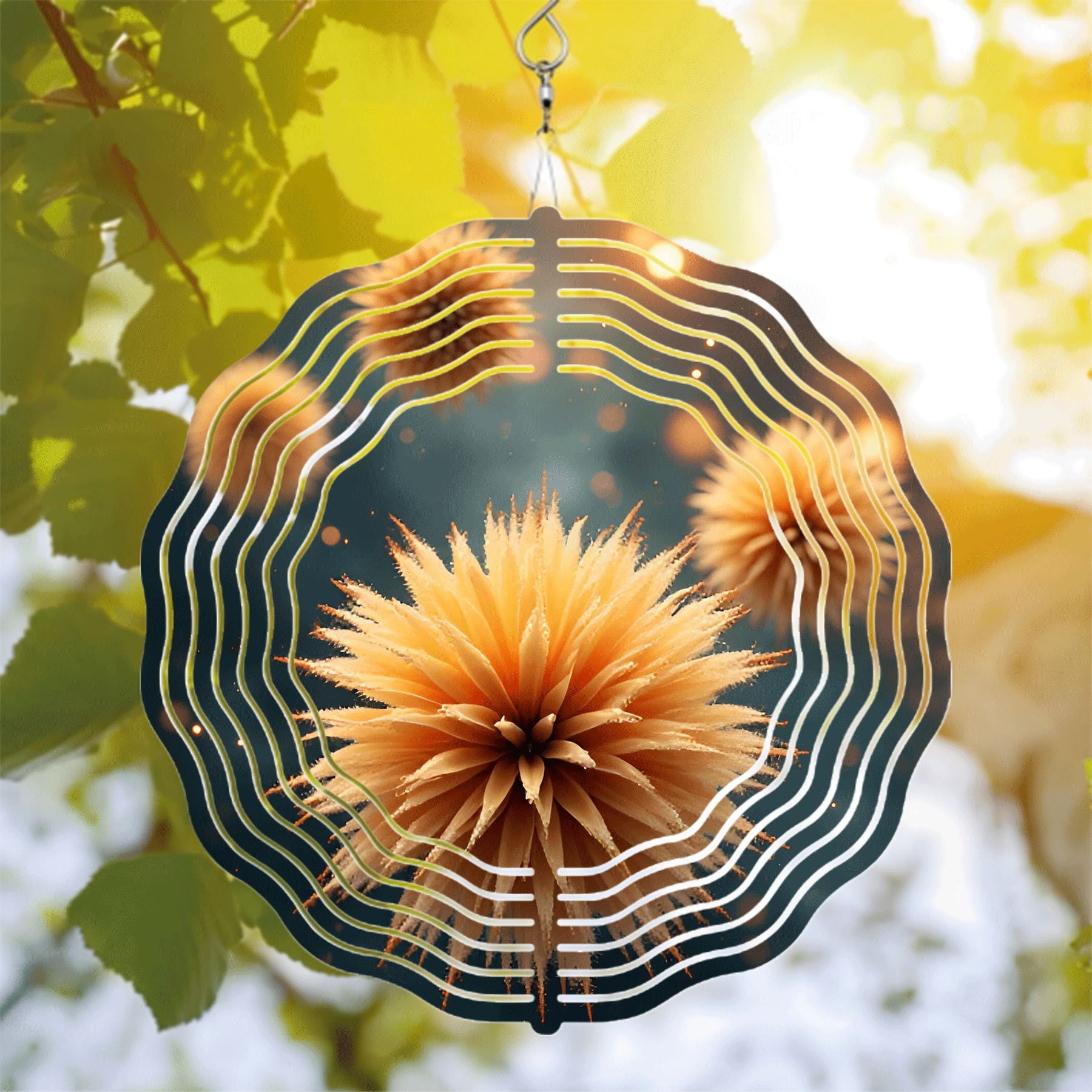 Stylized Metal Hanging Wind Spinners & Chimes - Abstract Flower Design ...
