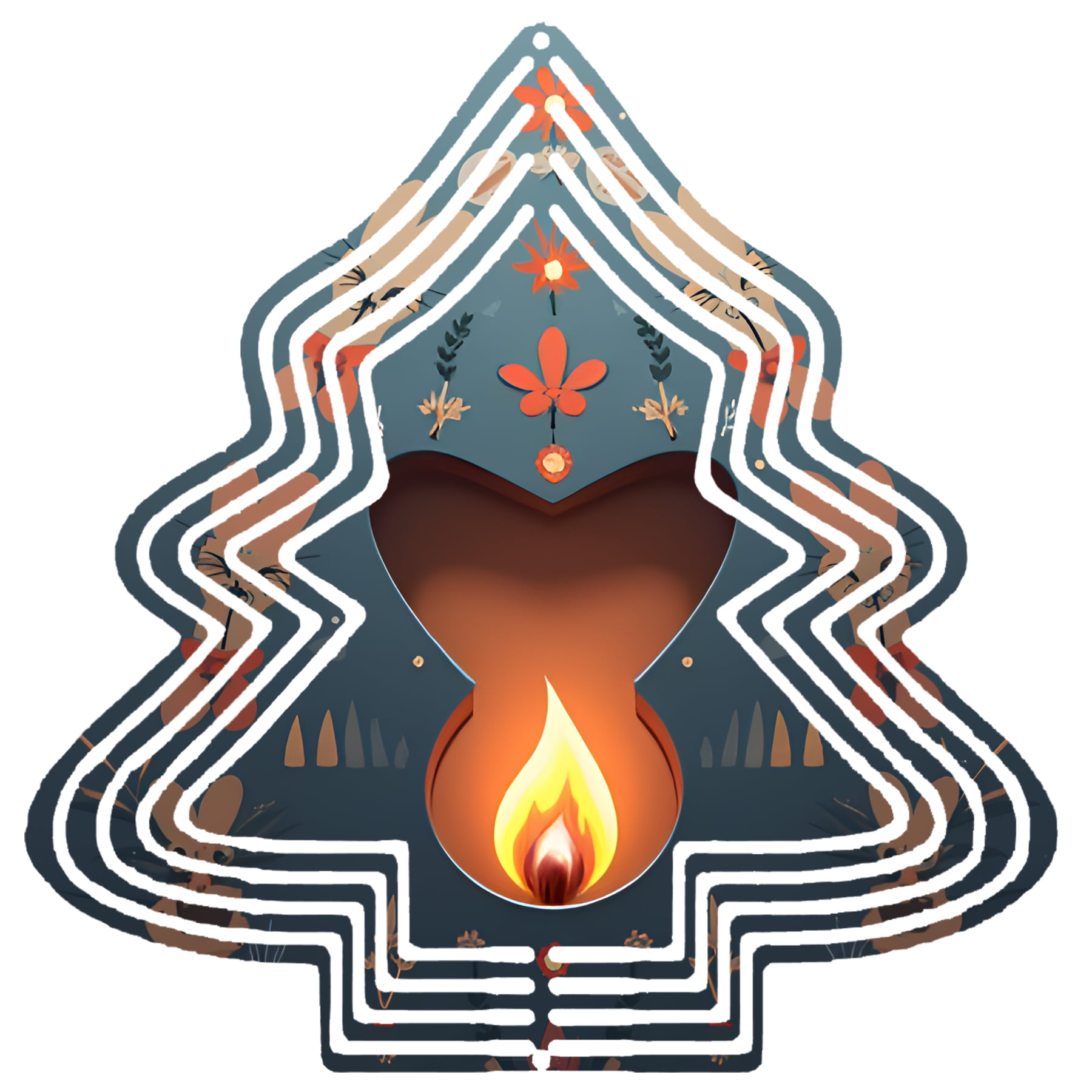 Stylized Metal Tree Wind Spinner with Glowing Flame Center Floral ...
