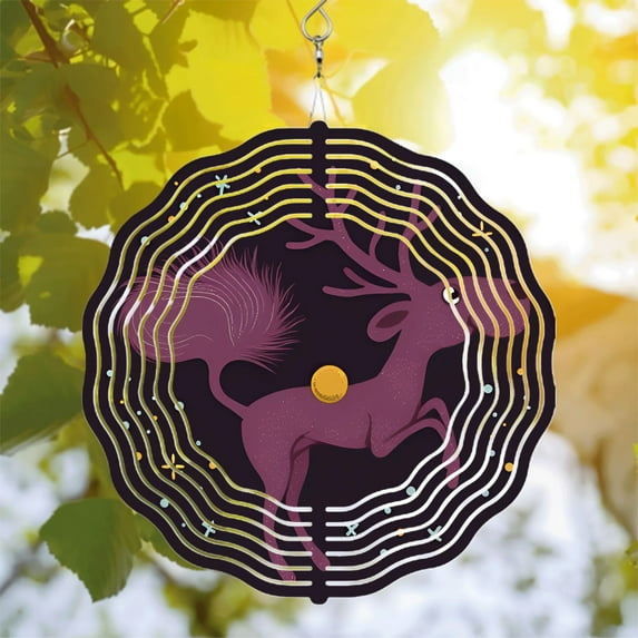 Stylized Metal Wind Spinner with Deer Design Purple Antlers & Golden ...