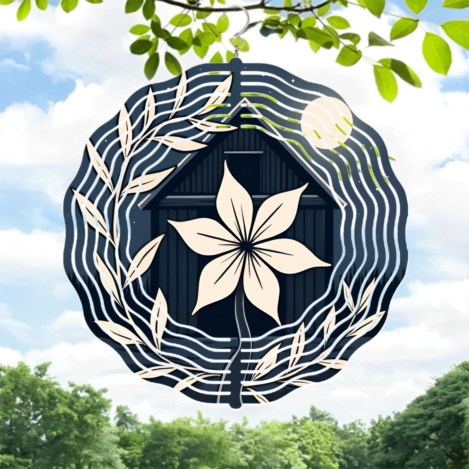Stylized Metal Wind Spinner with House & Flower Design Wavy Lines ...