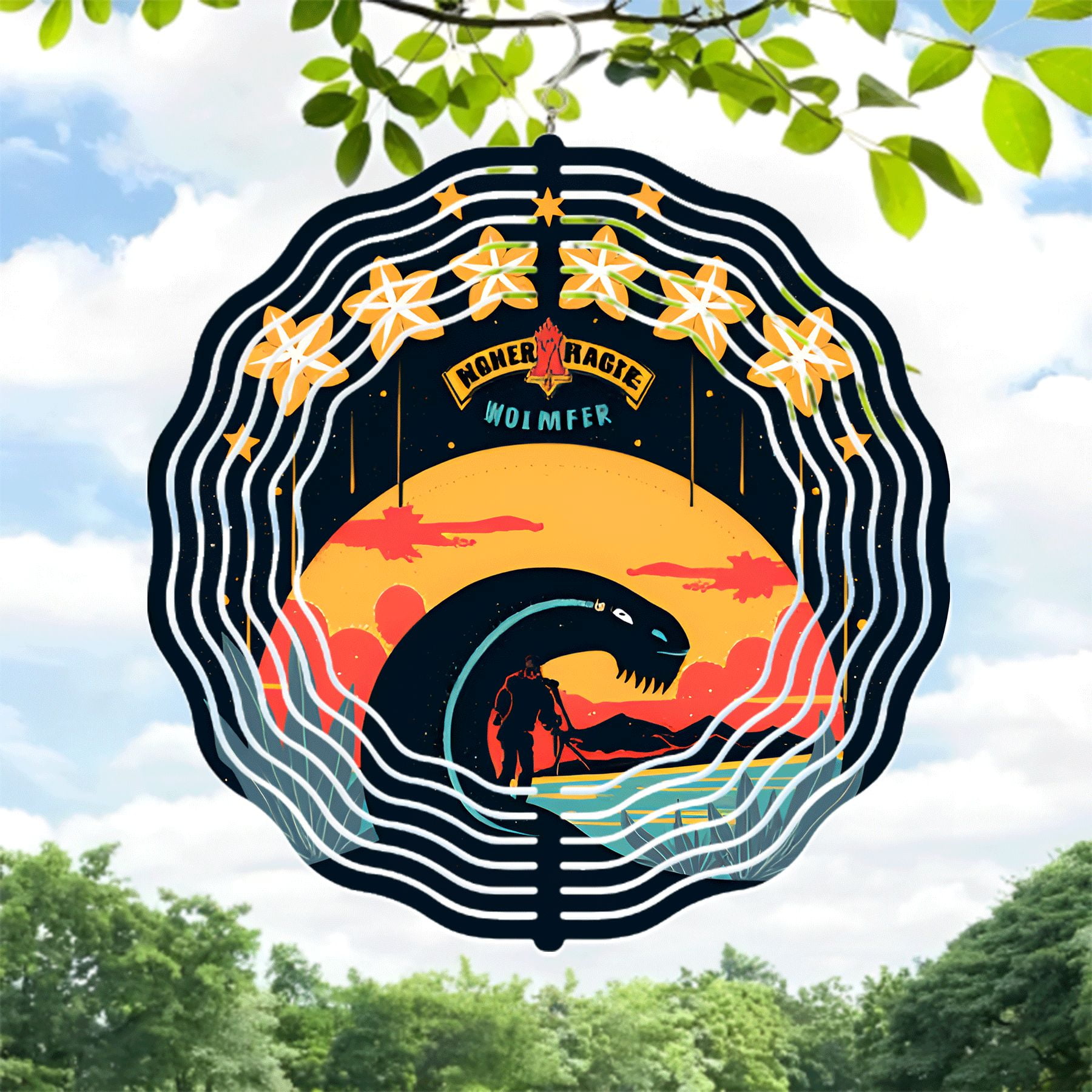 Stylized Metal Wind Spinner with Menacing Creature & Sunset Design ...