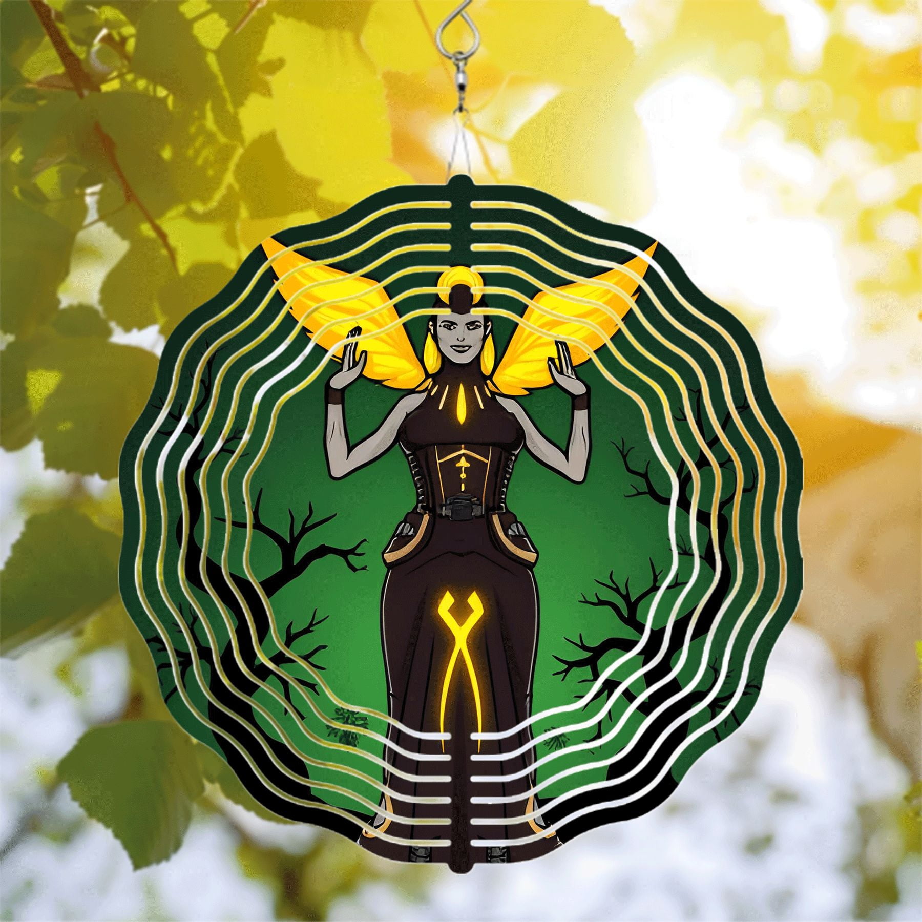 Stylized Metal Wind Spinner with Yellow Wings & Futuristic Design ...