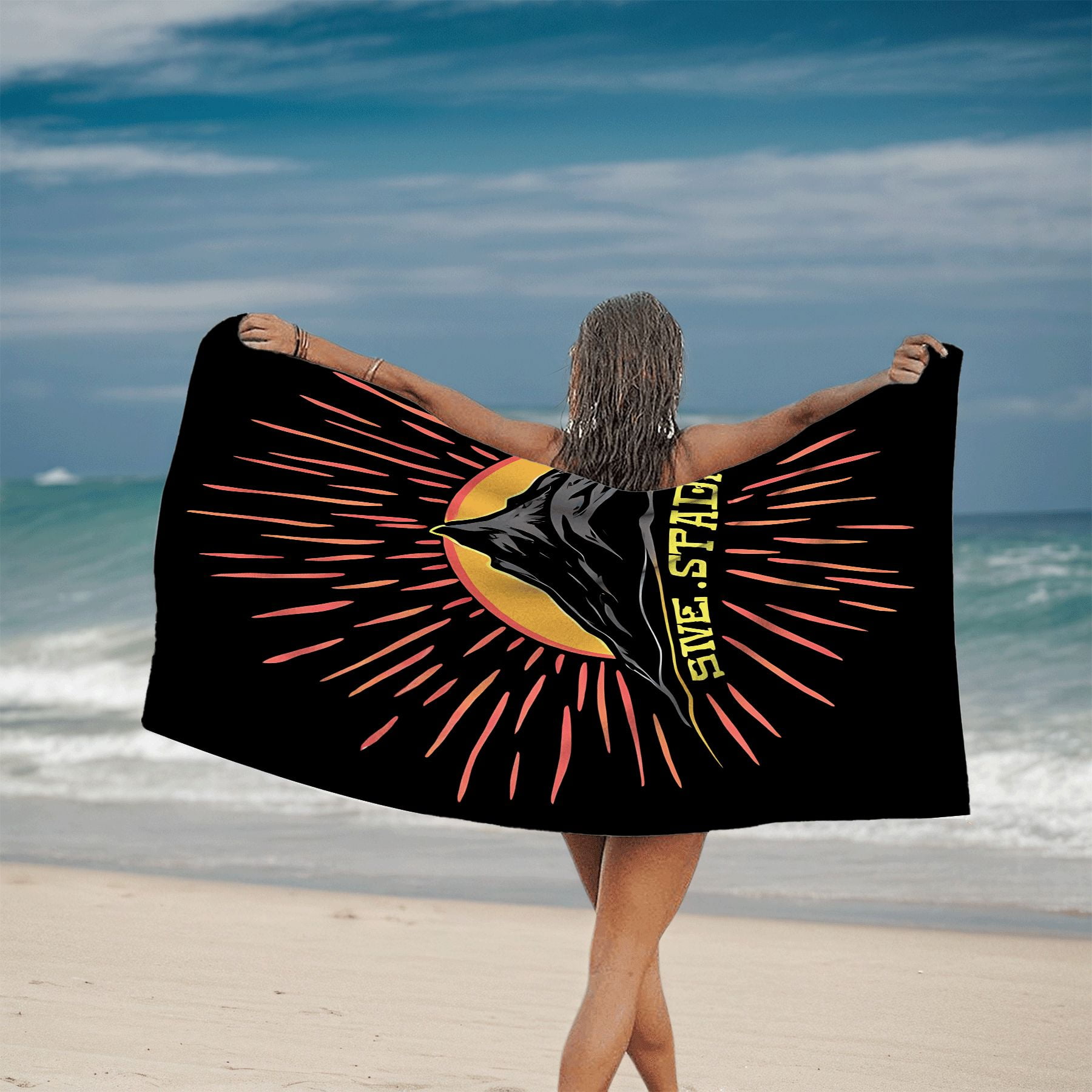 Stylized Mountain Radiant Sun Beach Towel - Vibrant Colors Bold Lines ...