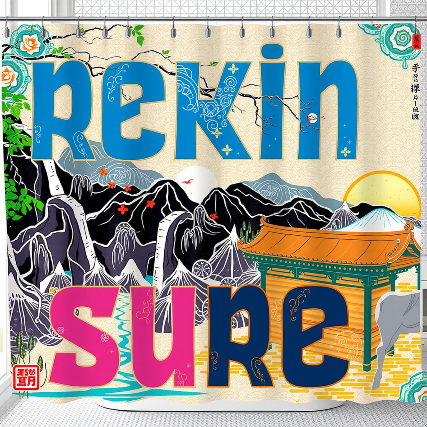 Stylized Mountain Range & Temple Shower Curtain with 'Rekin Sure ...