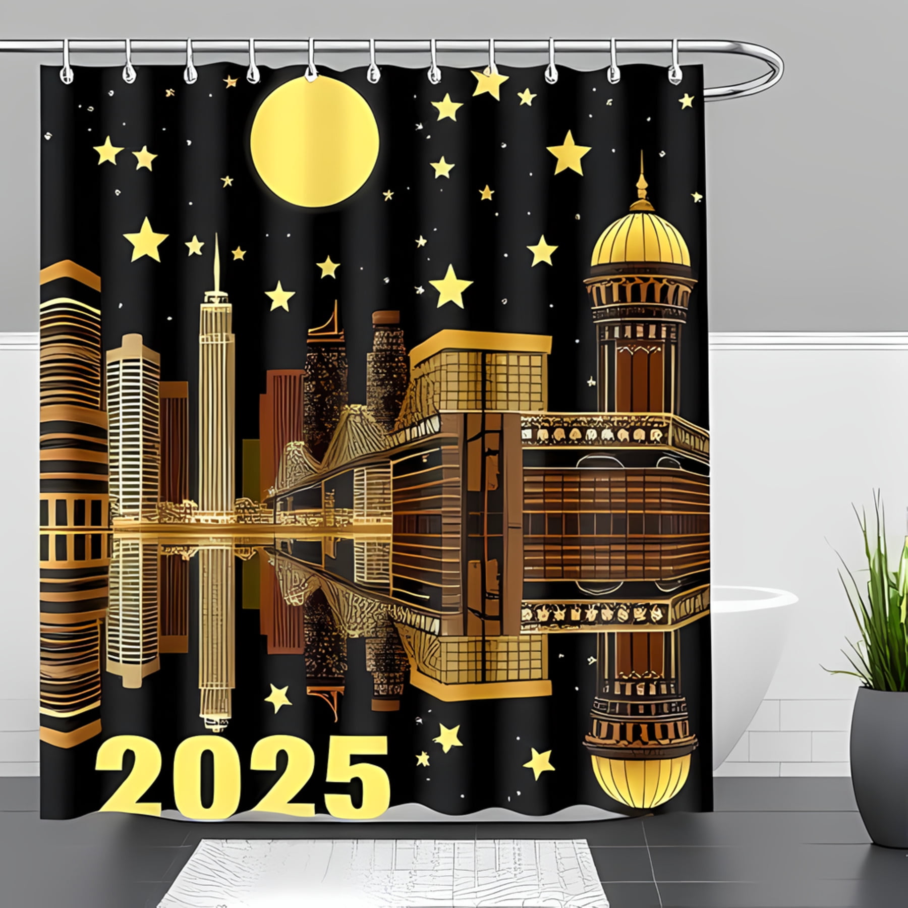 Stylized Nighttime Cityscape Shower Curtain with Full Moon & Gold Stars ...