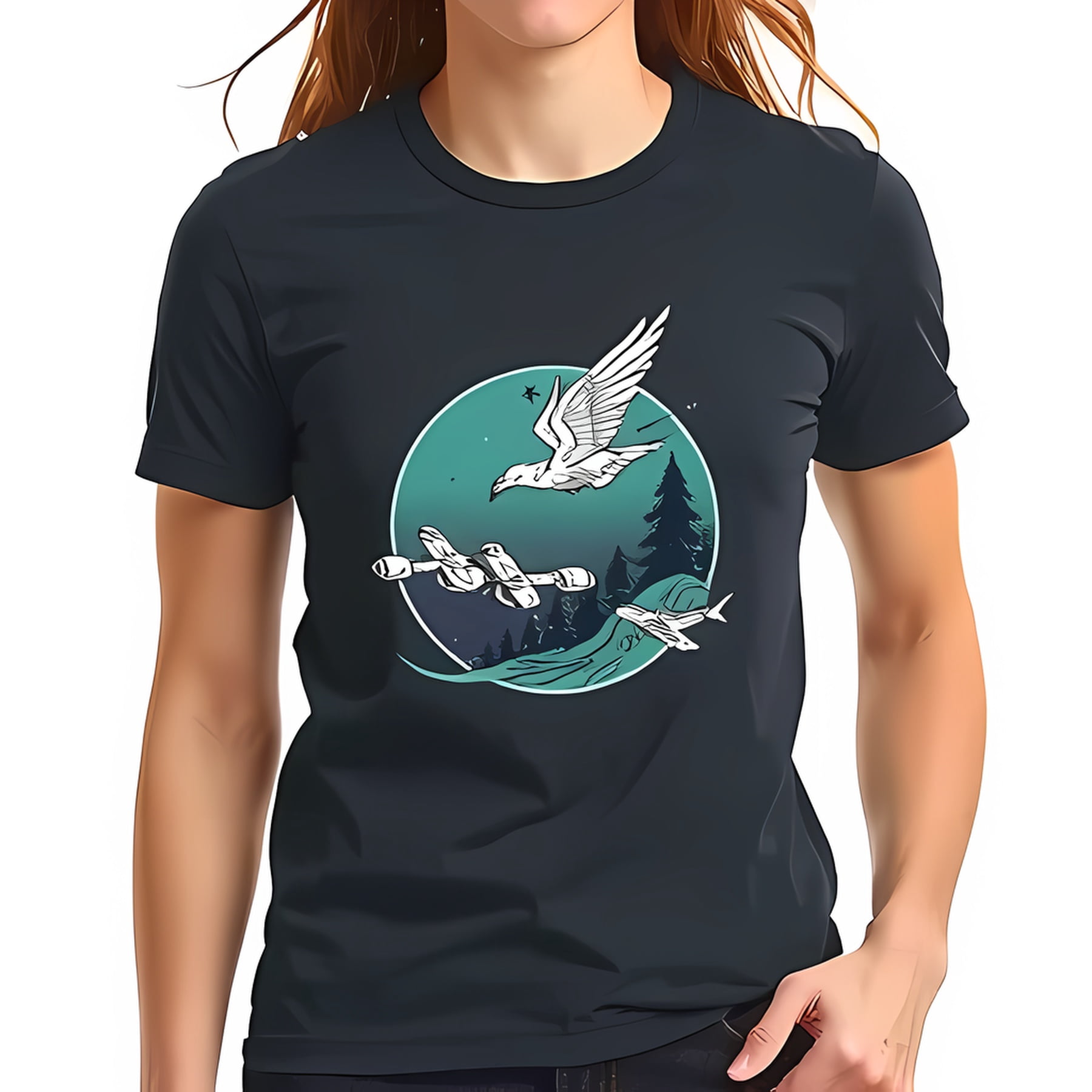 Stylized Nocturnal Landscape T-Shirt - Navy Blue with Teal Night Sky ...