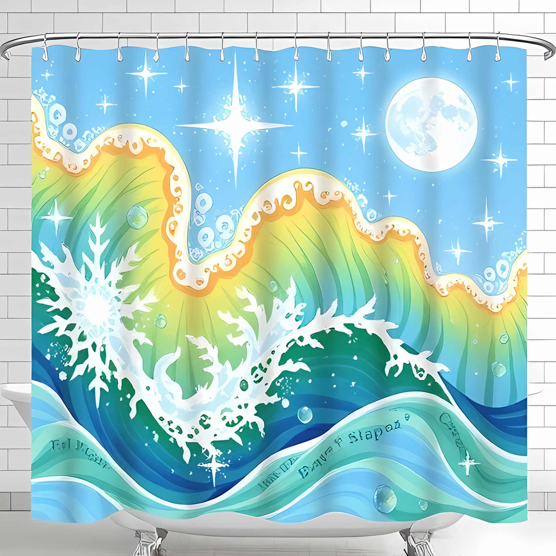 Stylized Ocean Wave Shower Curtain - Vibrant Night Sky Design with Full ...