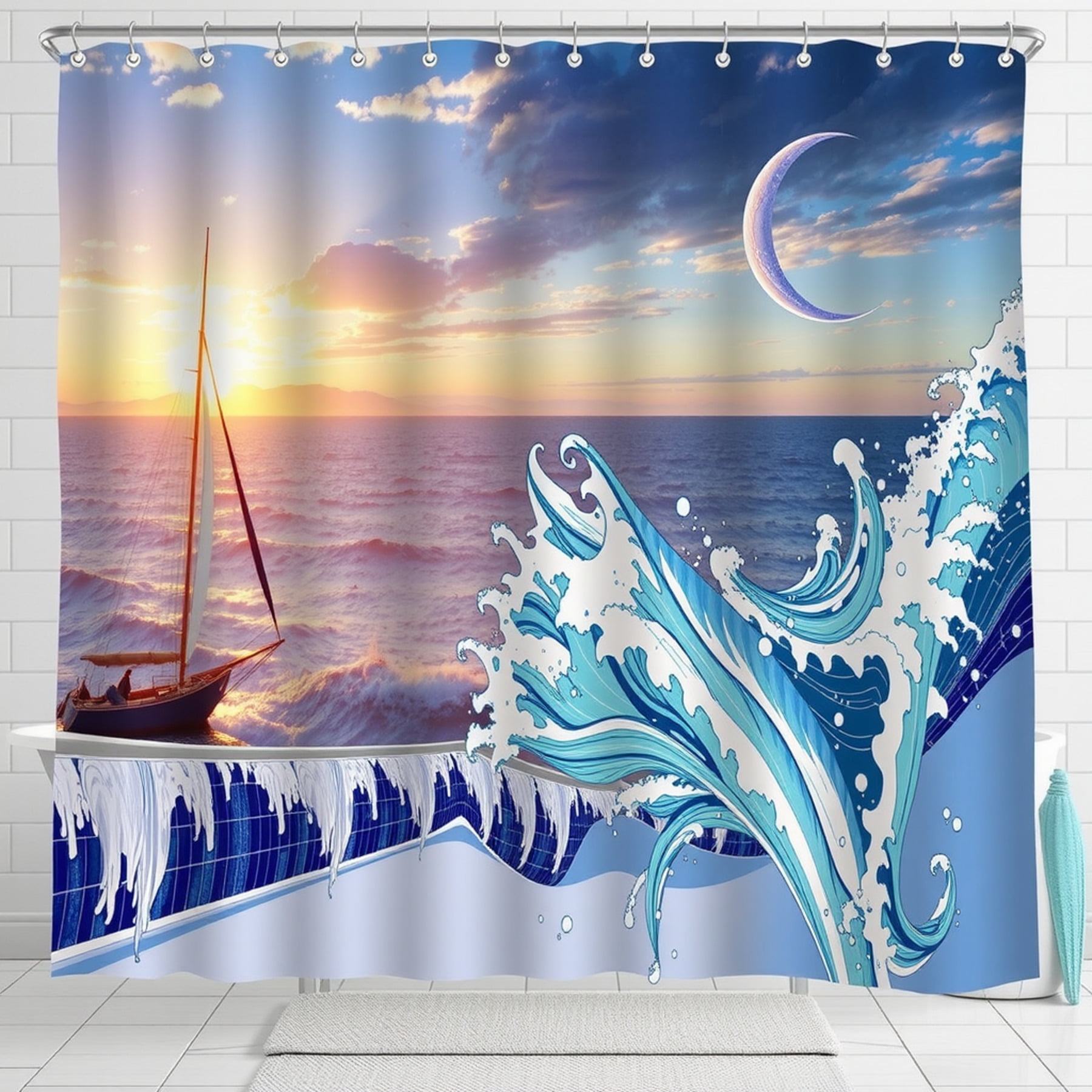 Stylized Ocean Wave Shower Curtain with Sunset & Sailboat Design ...