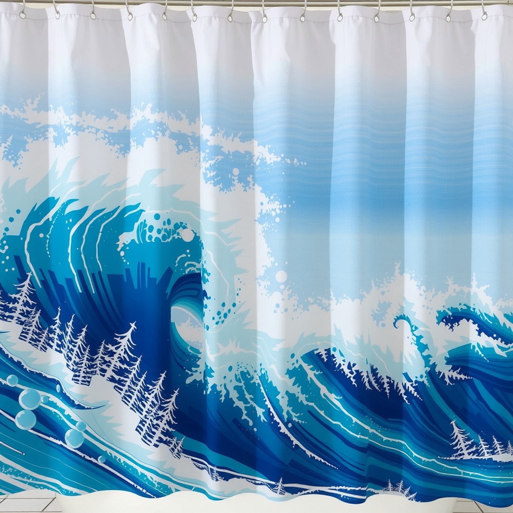 Stylized Ocean Waves Shower Curtain in Blue & White - Crashing Waves ...