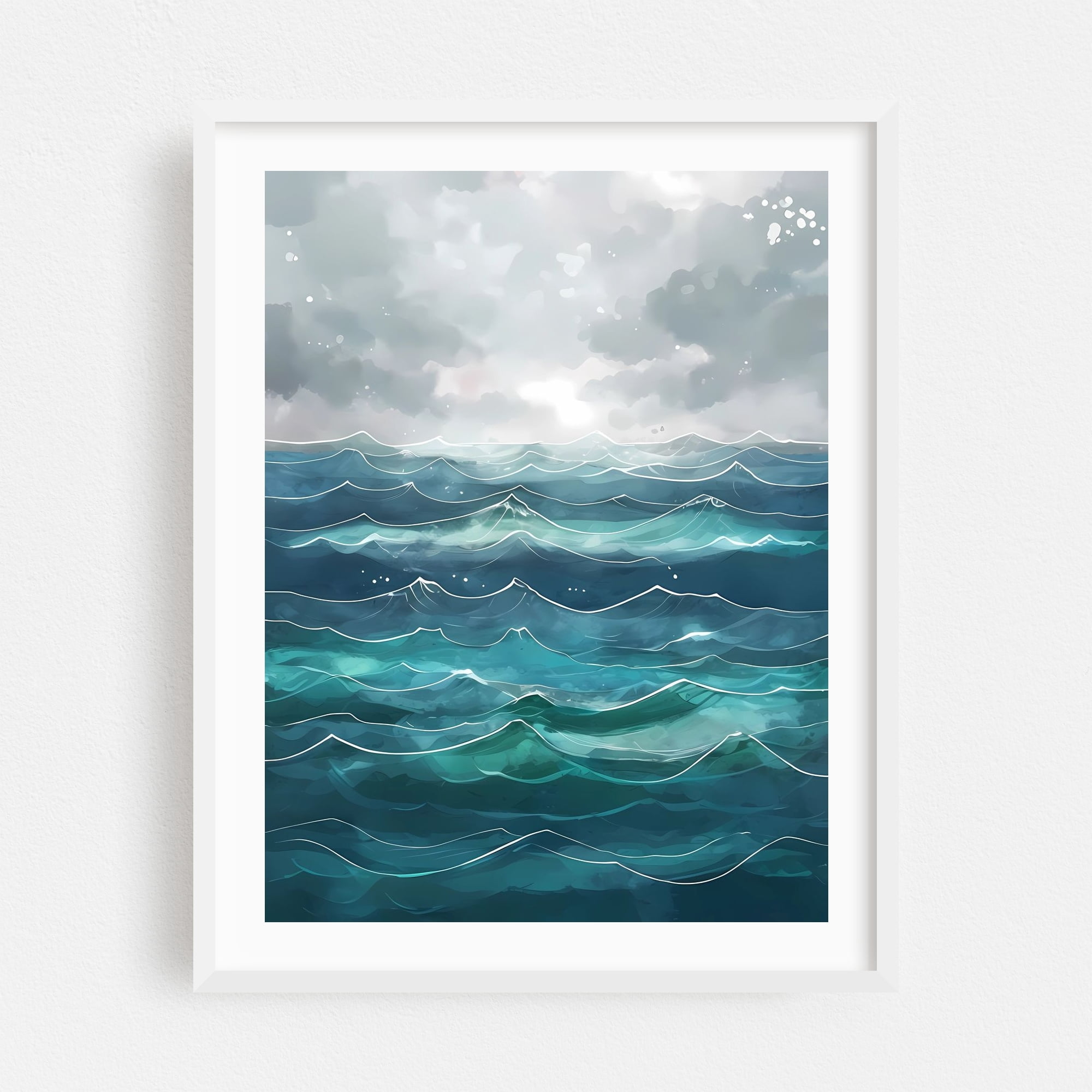 Stylized Ocean Waves Under a Cloudy Sky - Painting Waves Ocean Seascape ...