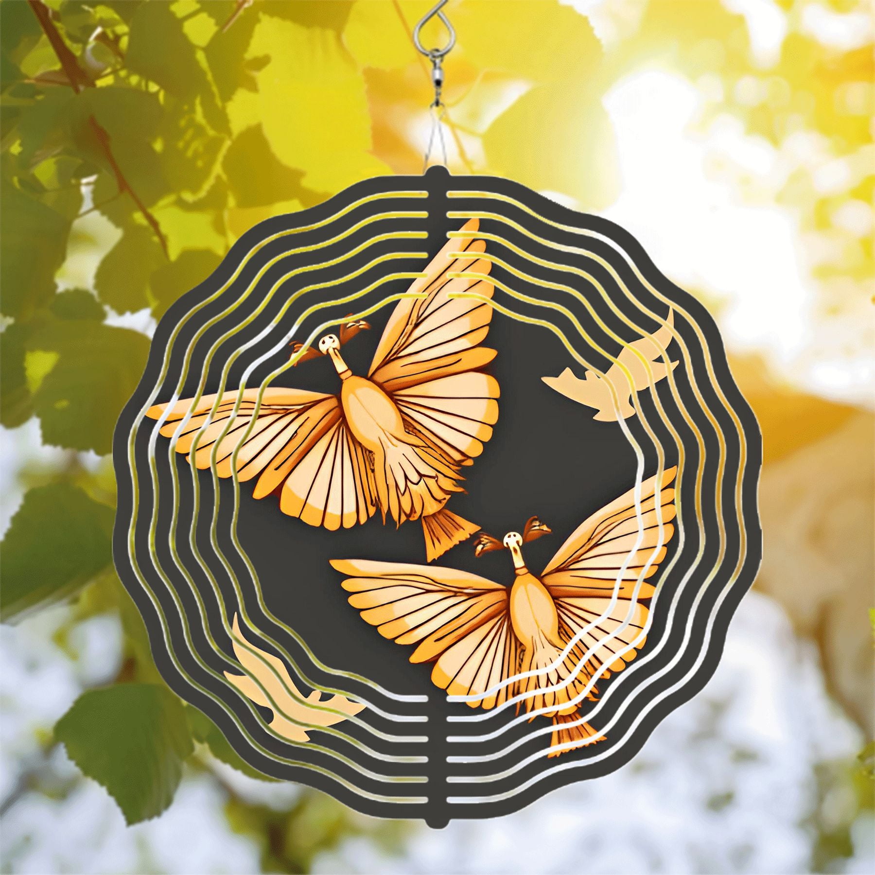 Stylized Orange Birds Metal Wind Spinner with Wave Patterns - Elegant ...