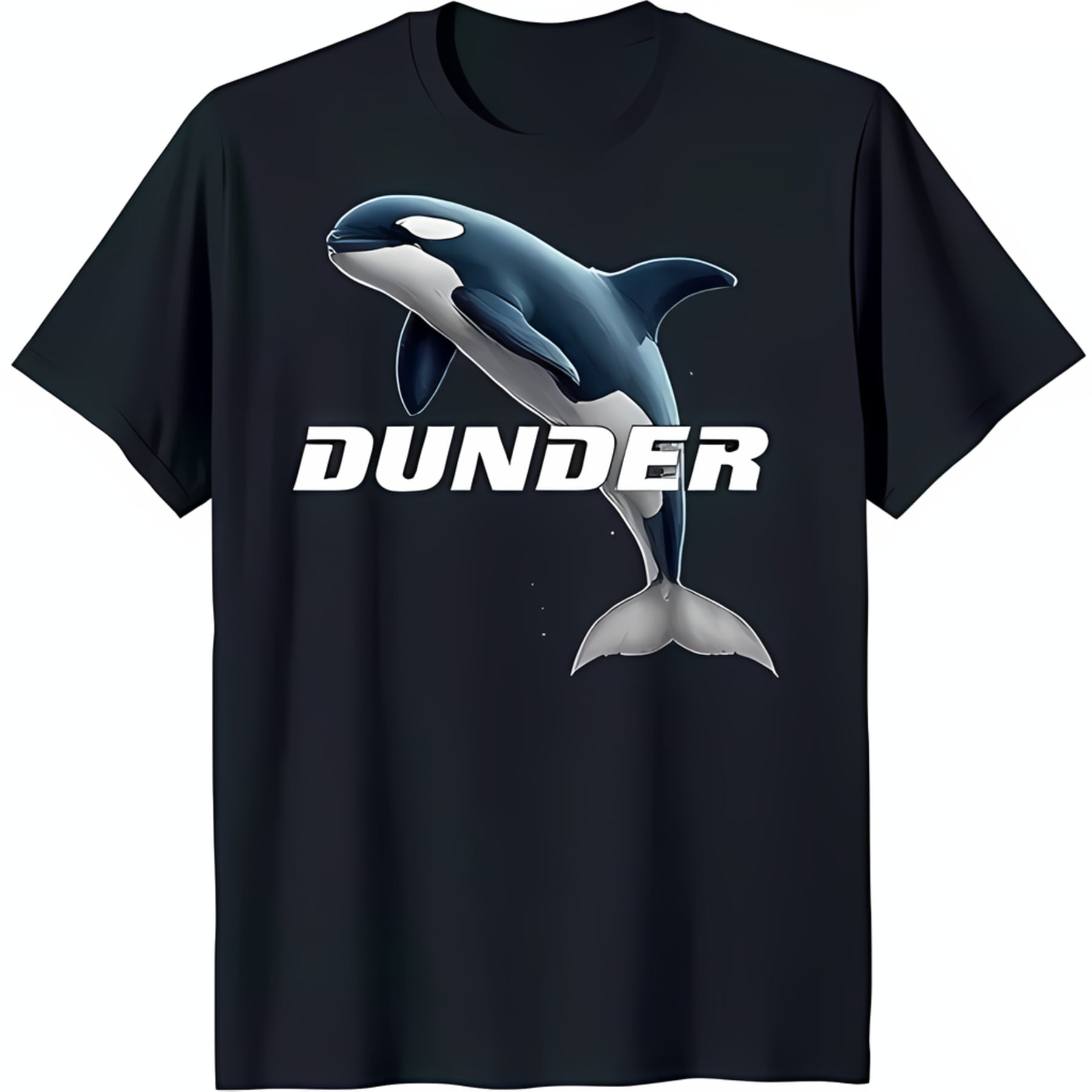 Stylized Orca Whale Graphic Black T-Shirt with 'DUNDER' Print Fun ...
