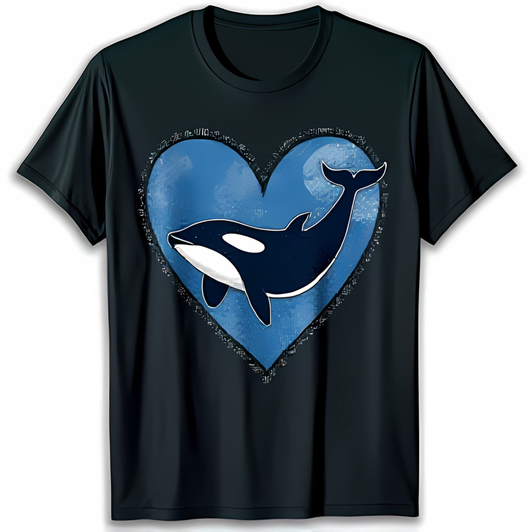 Stylized Orca Whale in Blue Heart Graphic Black T-Shirt for Men ...