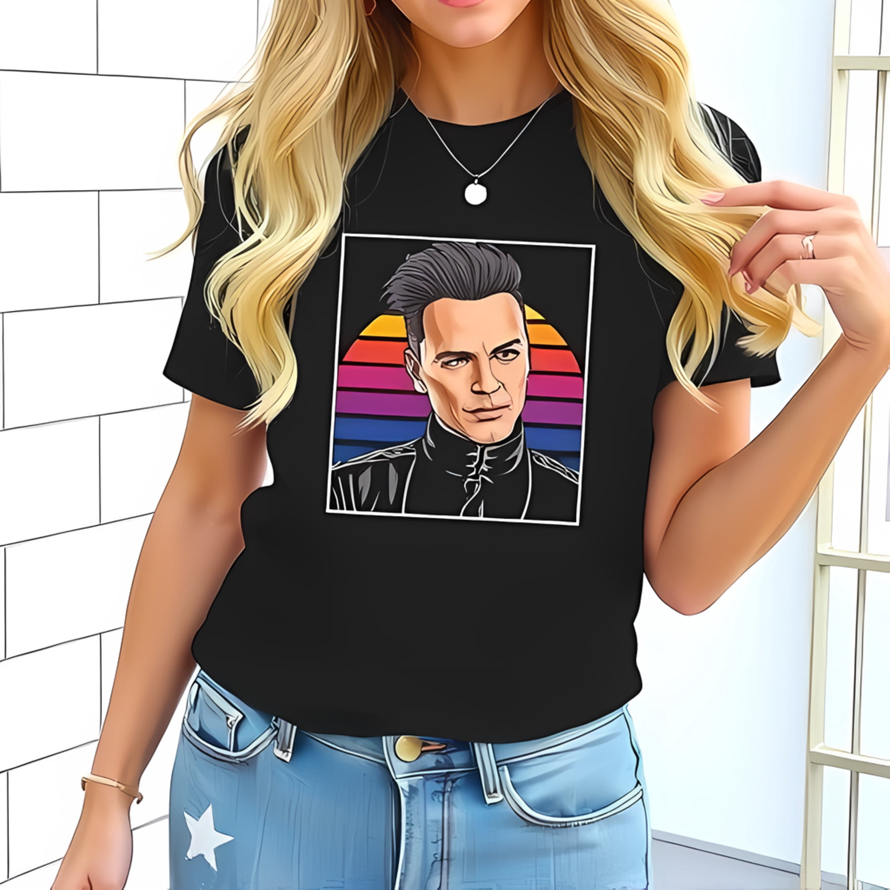 Stylized Portrait Graphic Black Cotton Short Sleeve T-Shirt with Retro ...