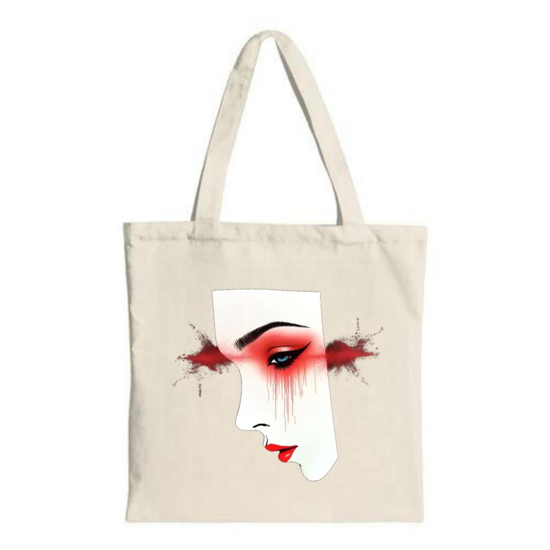 Stylized Profile Face Canvas Tote Bag with Bold Red & Black Eye Makeup ...